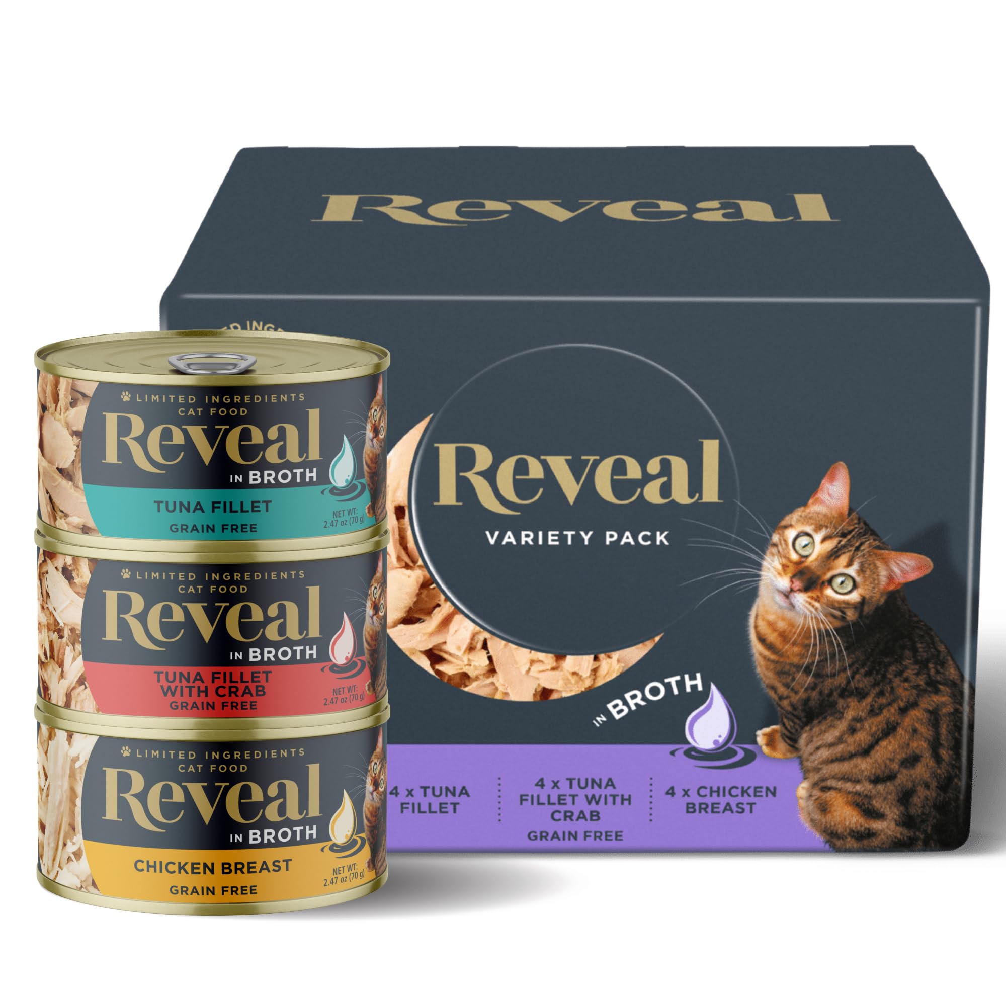 Reveal Natural Wet Cat Food, 12 Count, Grain Free, Limited Ingredient Canned Food for Cats, Fish and Chicken Variety in Broth, 2.47 oz Cans