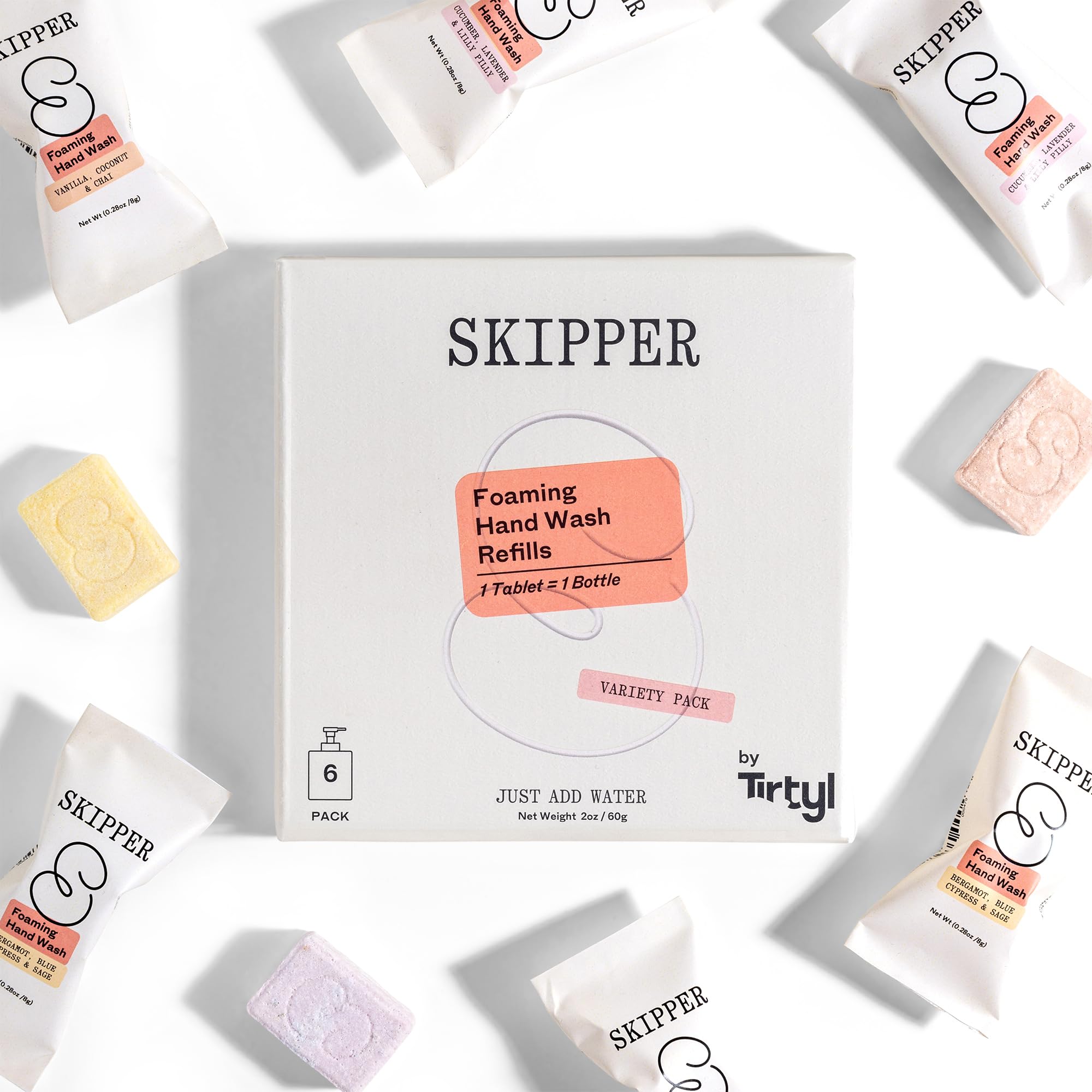 Tirtyl Skipper Foaming Hand Soap Tablet Refills - 6 Pack - 48 fl oz total (6x 8 fl oz) - Rebranded - Compostable Packaging - Variety Fragrance Pack