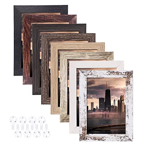 5x7 Picture Frames Set of 8, Rustic Picture Frames Multi Wood Pattern, HD Plastic Cover (Plexiglass) Display Photos 4x6 with Mat or 5x7 Without Mat,Vertical and Horizontal Formats for Wall Hanging and Tabletop Display,Perfect for Rustic Home & Office Deco