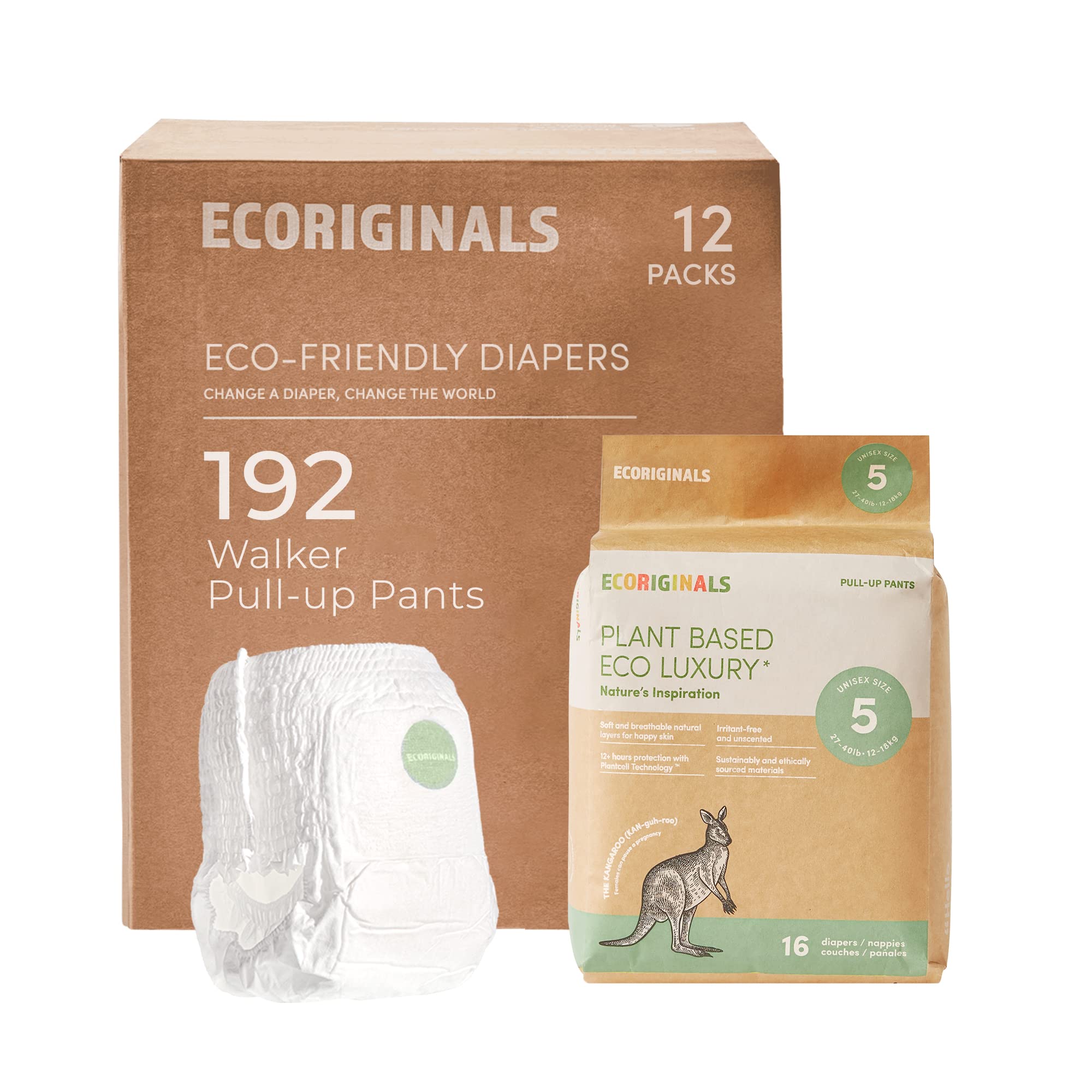 Ecoriginals Eco Disposable Training Pants Diapers |Walker Size 5, 28-40lbs | 12 Pack, 216 Count | Plant-Based, Non-Toxic