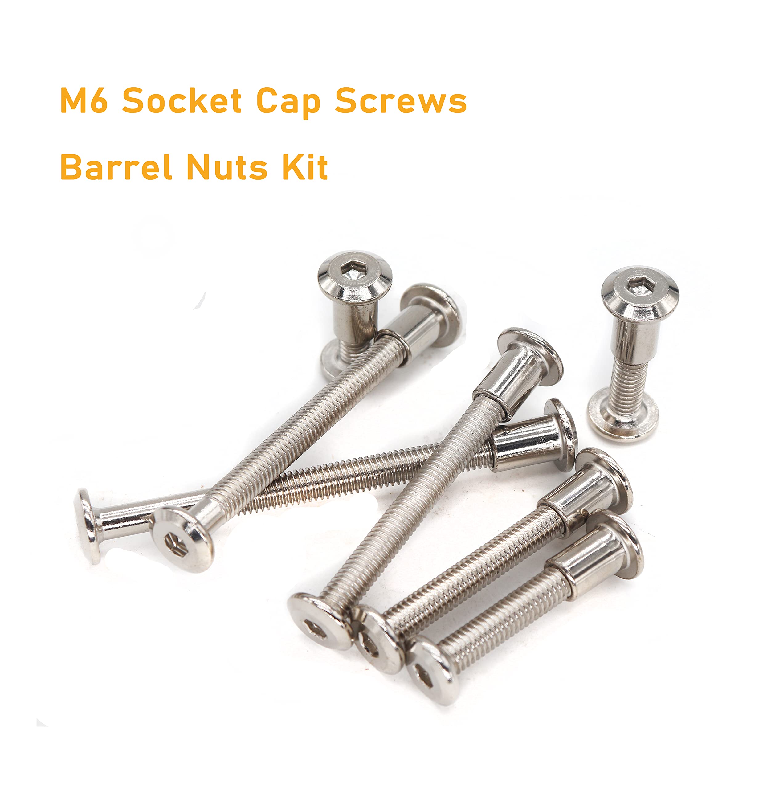 binifiMux 100pcs Rivet Countersunk Hex Socket Cap Bolts and Hex Head Barrel Nuts Assortment Kit for Furnitures Cribs Chairs, M6x20mm/ 30mm/ 40mm/ 50mm/ 60mm/ 70mm/ 80mm,Nickel Plated