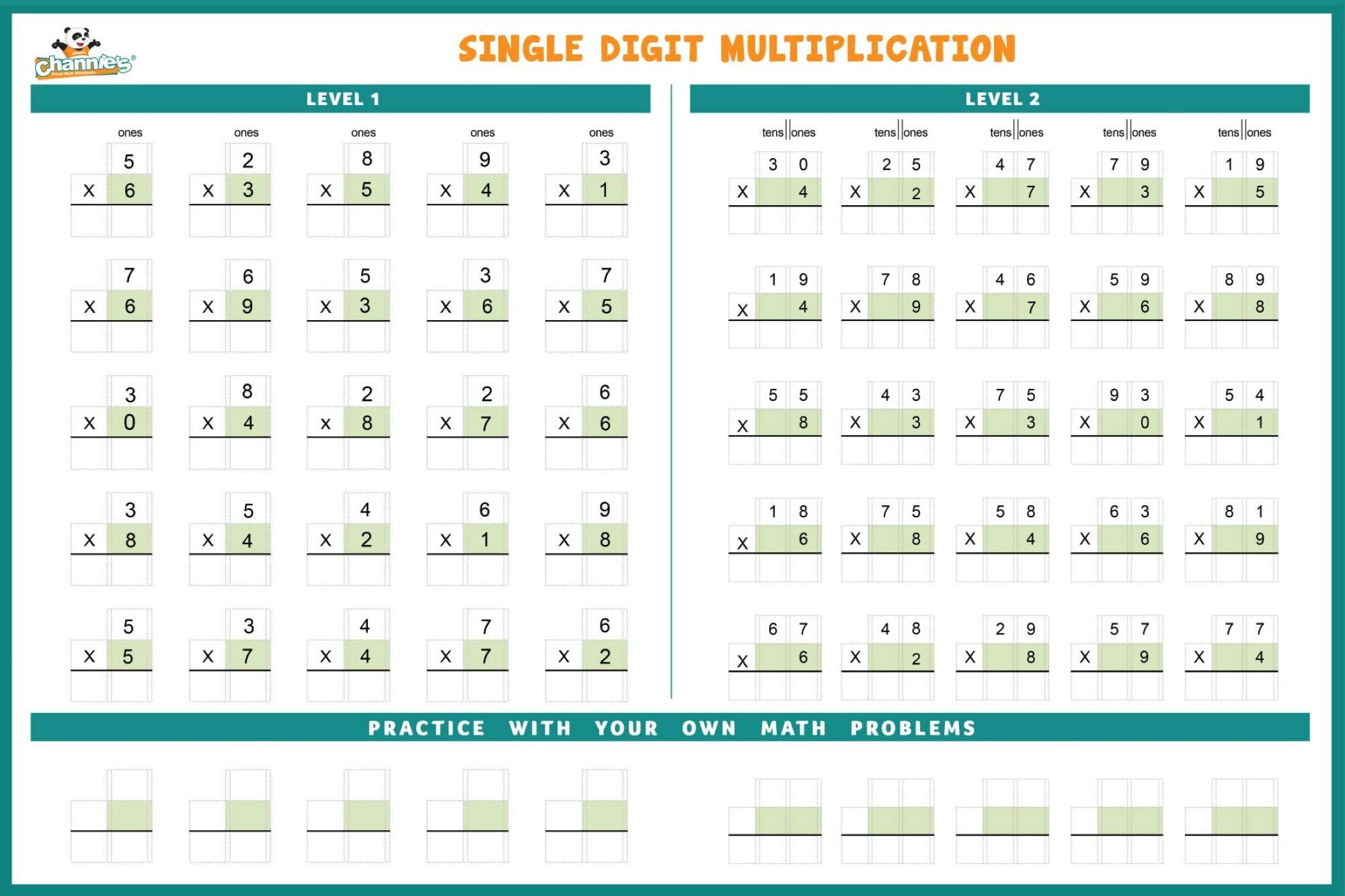 Channie’s 2 Pak Dry Erase Multiplication Memory and practice chart 18" x 12" Single & Double digit