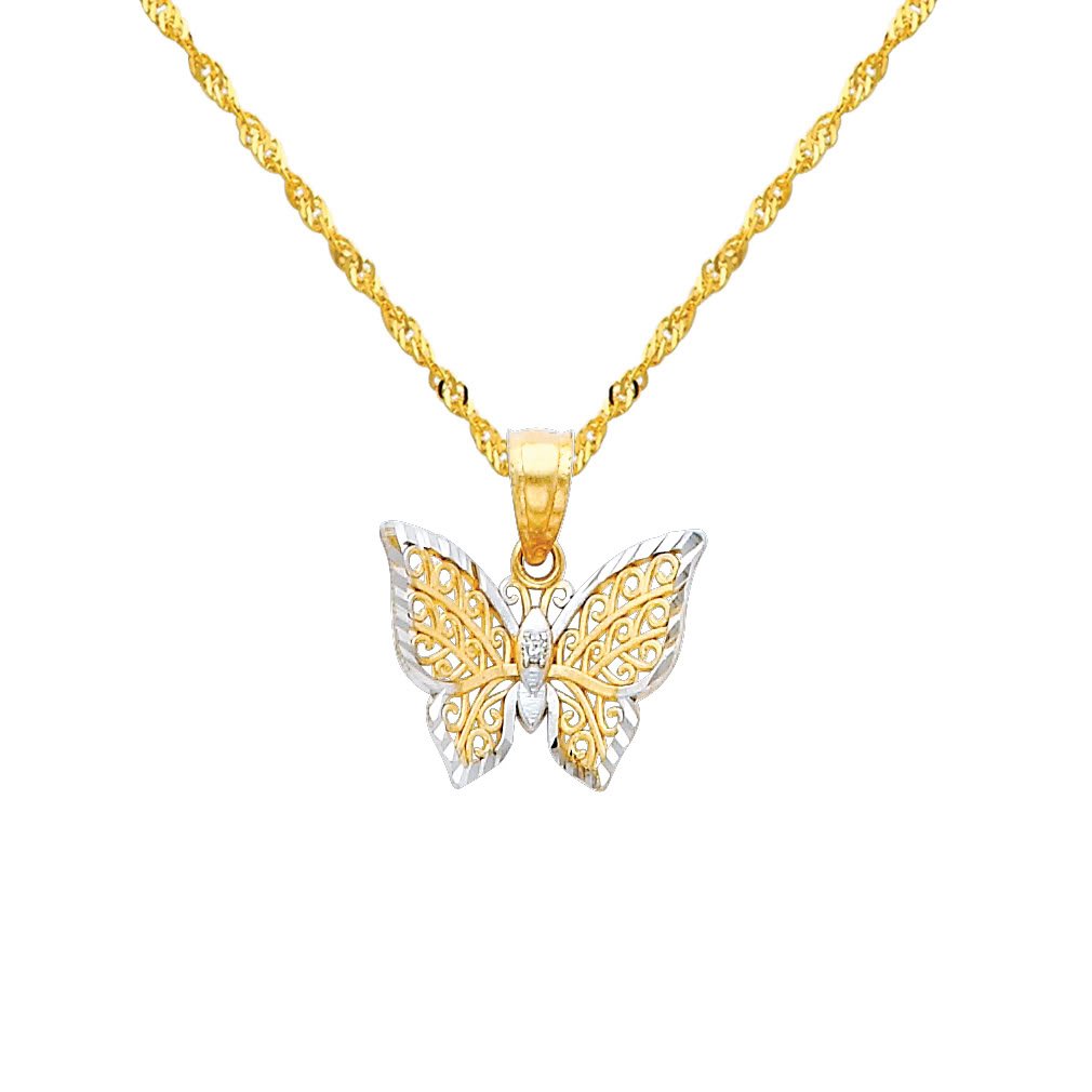 14k REAL Two Tone Gold Butterfly Pendant with 1.2mm Singapore Chain Necklace - 18"