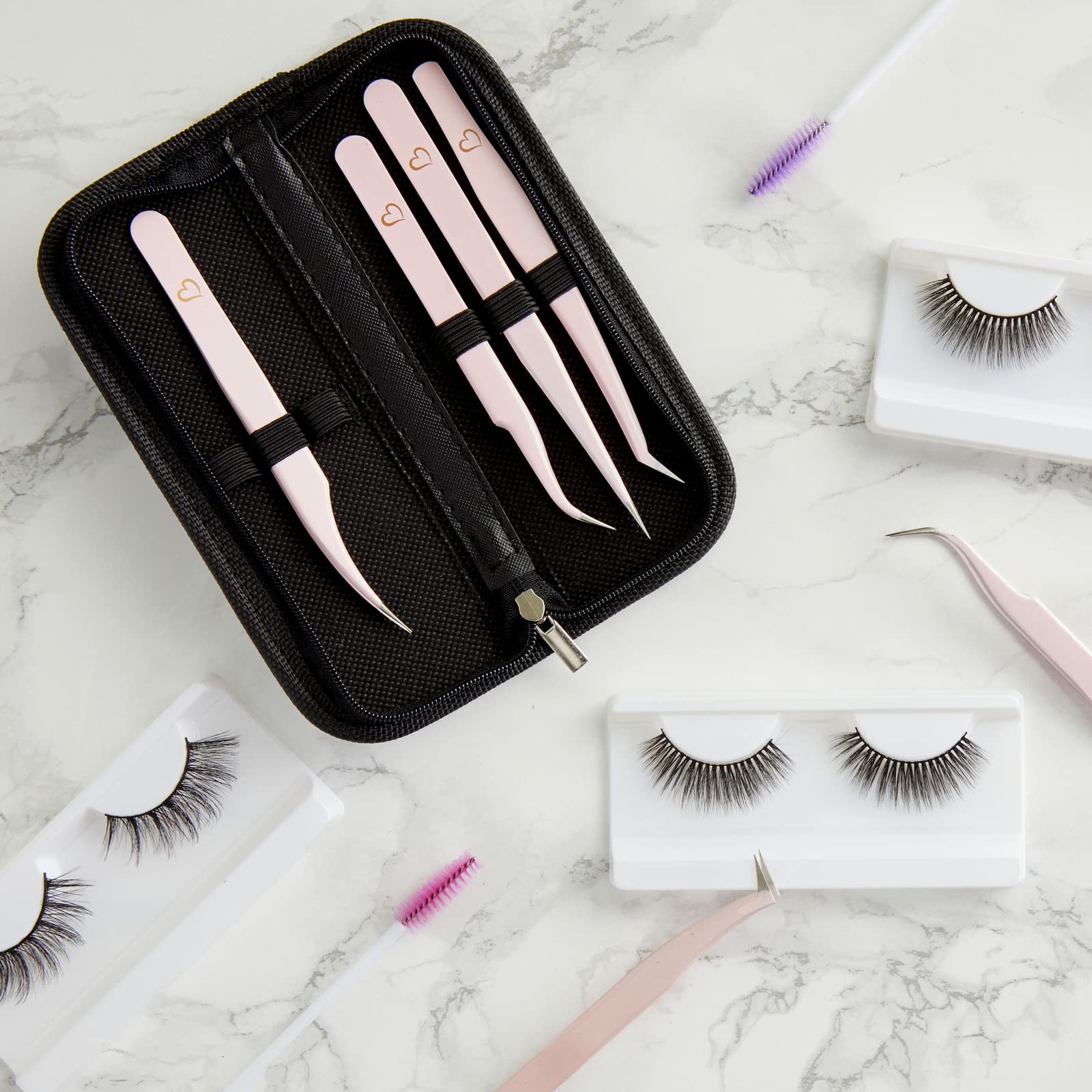 Okuna Outpost 6-Piece Precision Tweezer Set for Eyelash Extensions with Storage Case (Light Pink)