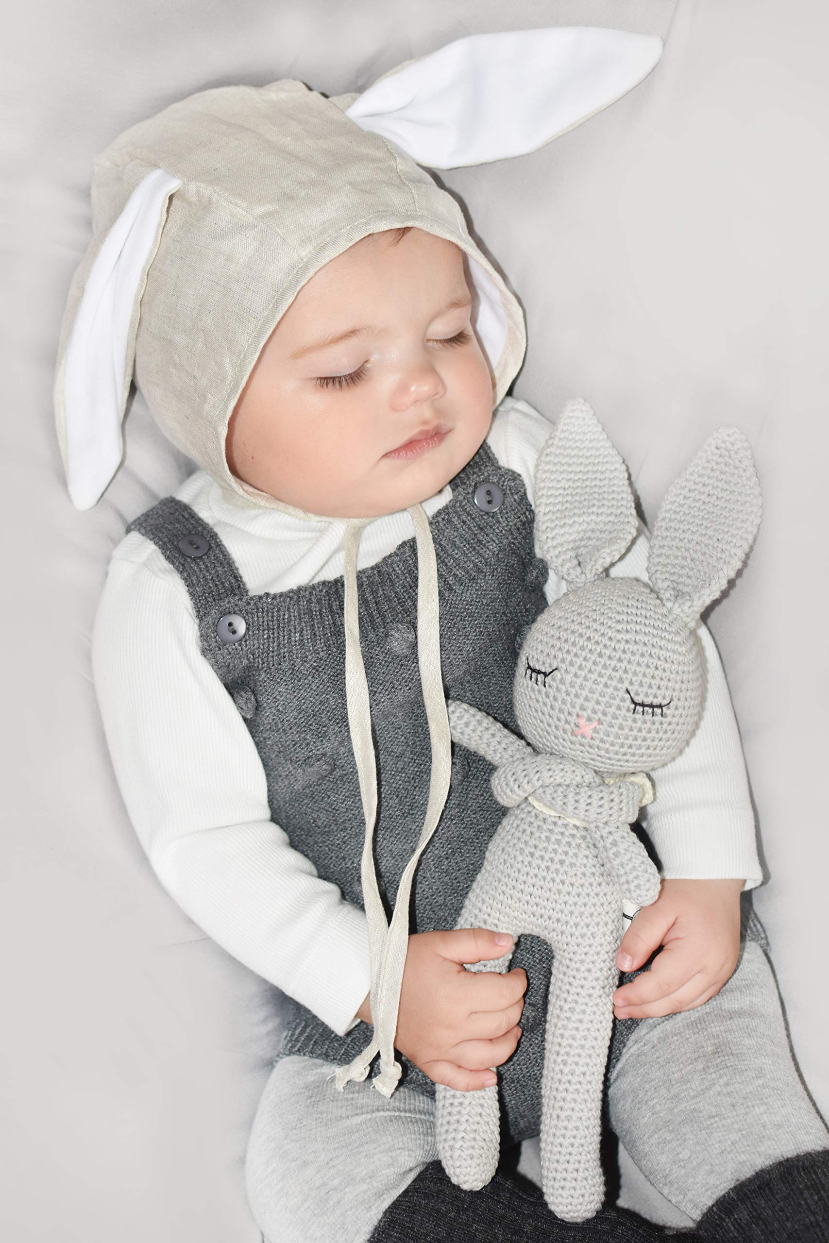 Baby Bunny Hat Bonnet Country Vintage Cotton Linen w/Velvet Rabbit Ears Easter Bonnet Hat (as1, Age, 0_Month, 3_Months, Camel Linen Velvet Bunny)