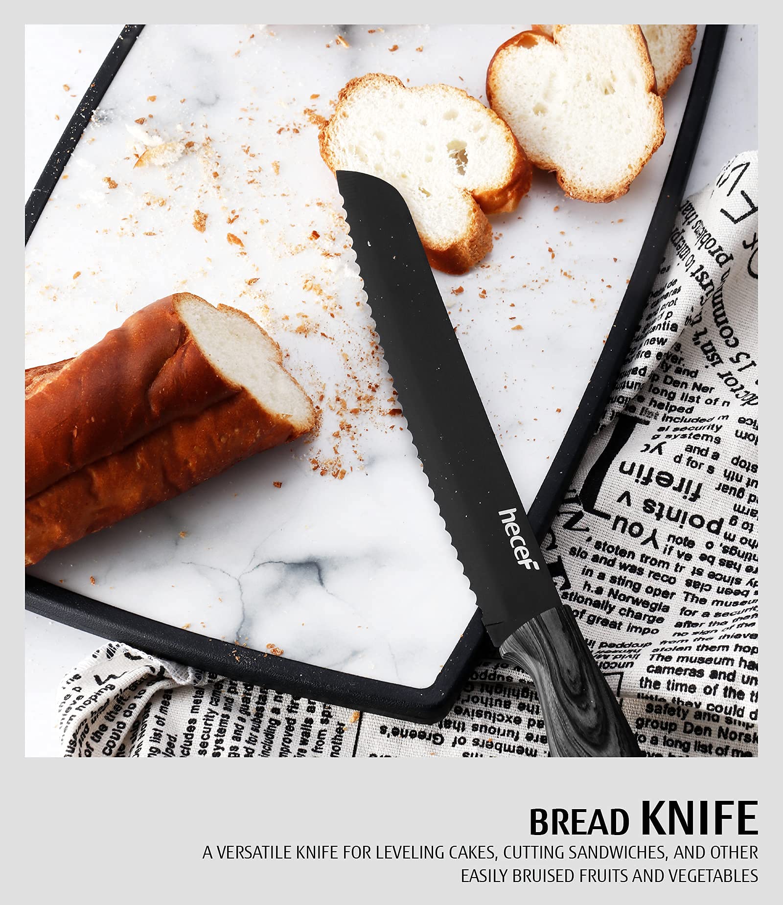 hecef 5 PCS Non-stick Coated Kitchen Knife Set with PP Handle and Protective Sheath, Exclusive Black Chef knife set, Scratch Resistance & Rust Proof (Wood Grain)