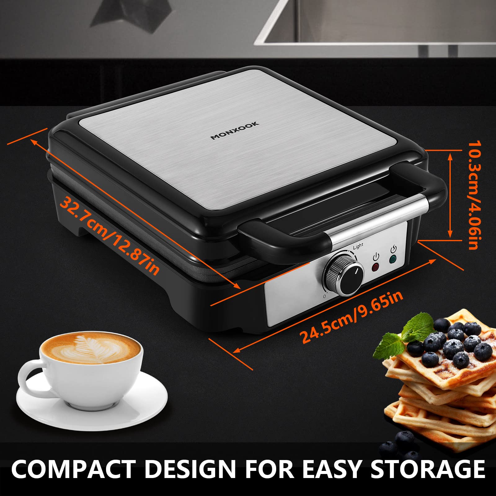 MONXOOK Belgian Waffle Maker, 4-Slice Non-Stick Square Waffle Maker, Anti-Overflow Waffle Iron with Browning Knob, Indicator Lights, Compact Design, Recipes Included, 1200W, Silver/Black