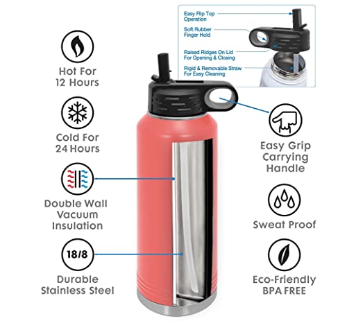 Polar Camel Personalized Water Bottles 32oz with Flip-Top Lid and Straw, Customized Vacuum Insulated Flask, Stainless Steel Sports Double Wall Thermos, Your Logo Name and Text Engraved in USA(Coral)