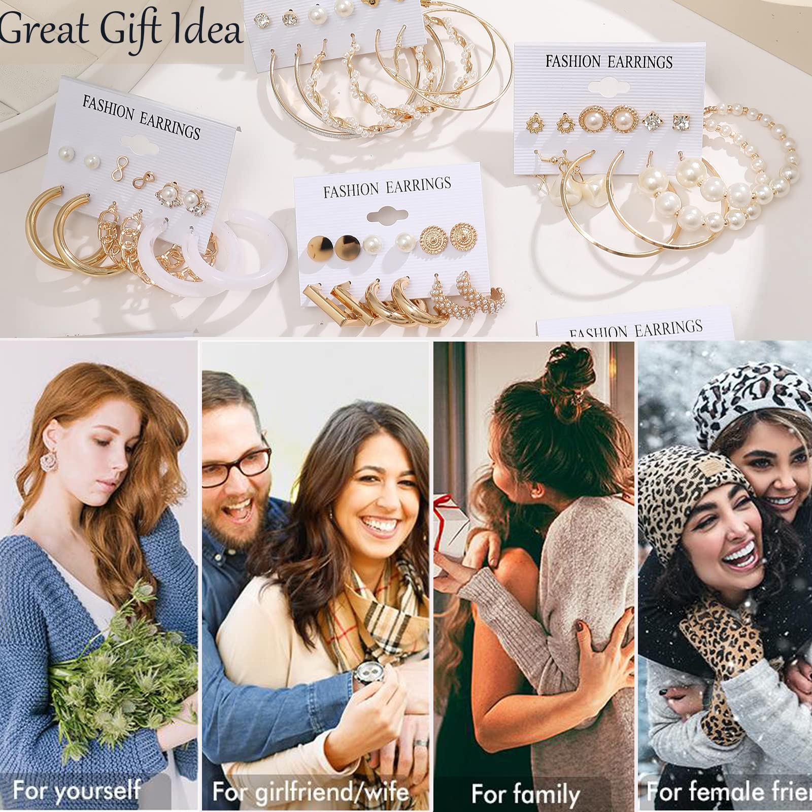 18 Pairs Gold Hoop Earrings Set for Women Multipack, Boho Fashion Statement Stud Pack with Pearl Butterfly Shaped Assorted Small Big Jewelry for Gift