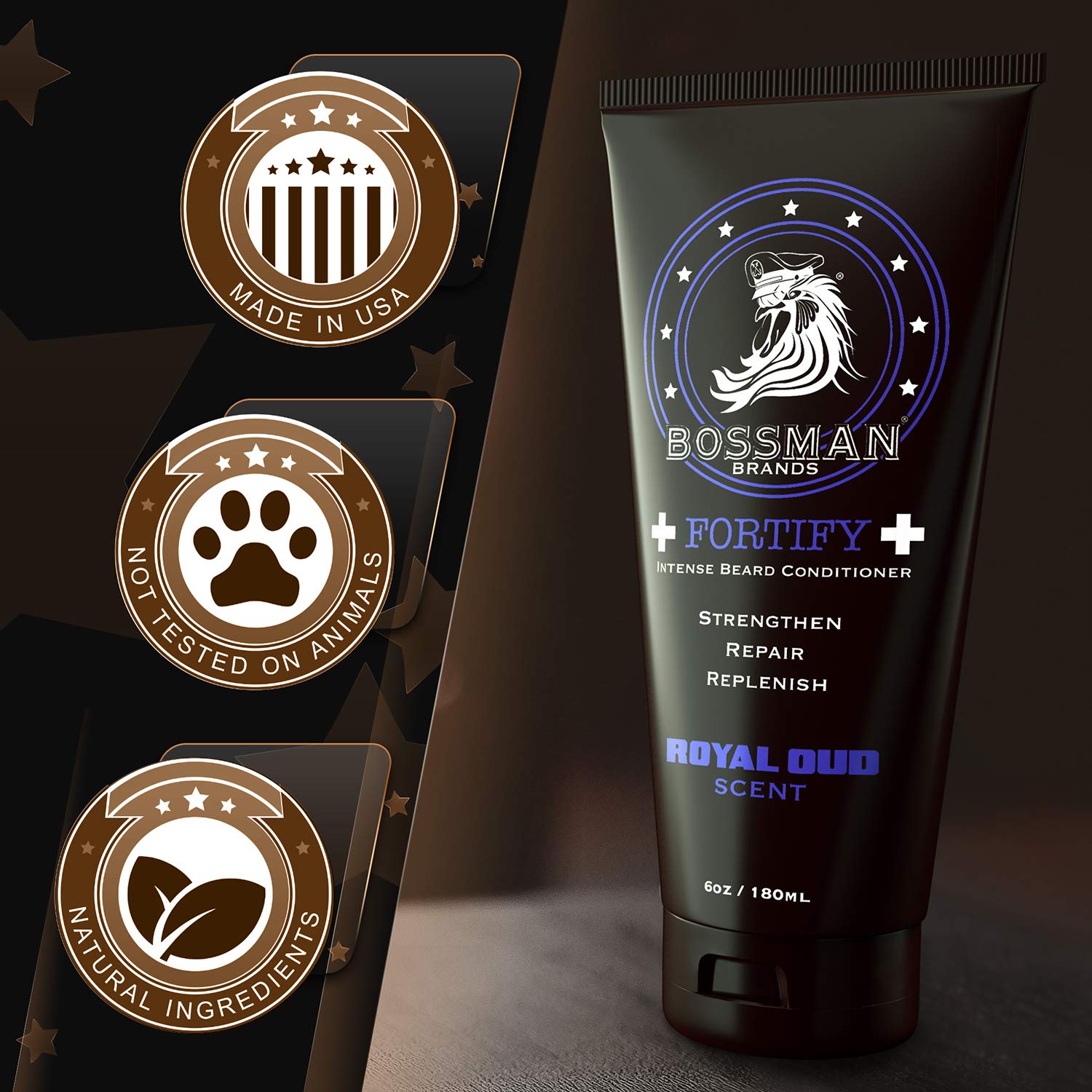 Bossman Fortify Intense Beard Conditioner - Shower Beard Wash - Beard Straightener for Men - Moisturizer and Beard Softener for Men - Beard Growth Products - Made in USA (Royal Oud Scent)