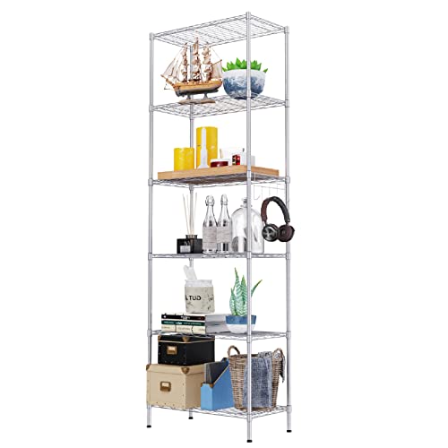 BATHWA 6-Tier Metal Wire Rack, Free Standing Shelving Unit, Adjustable Heavy Duty Storage Shelves for Kitchen Organization, with Leveling Feet and Stainless Side Hooks, Silver