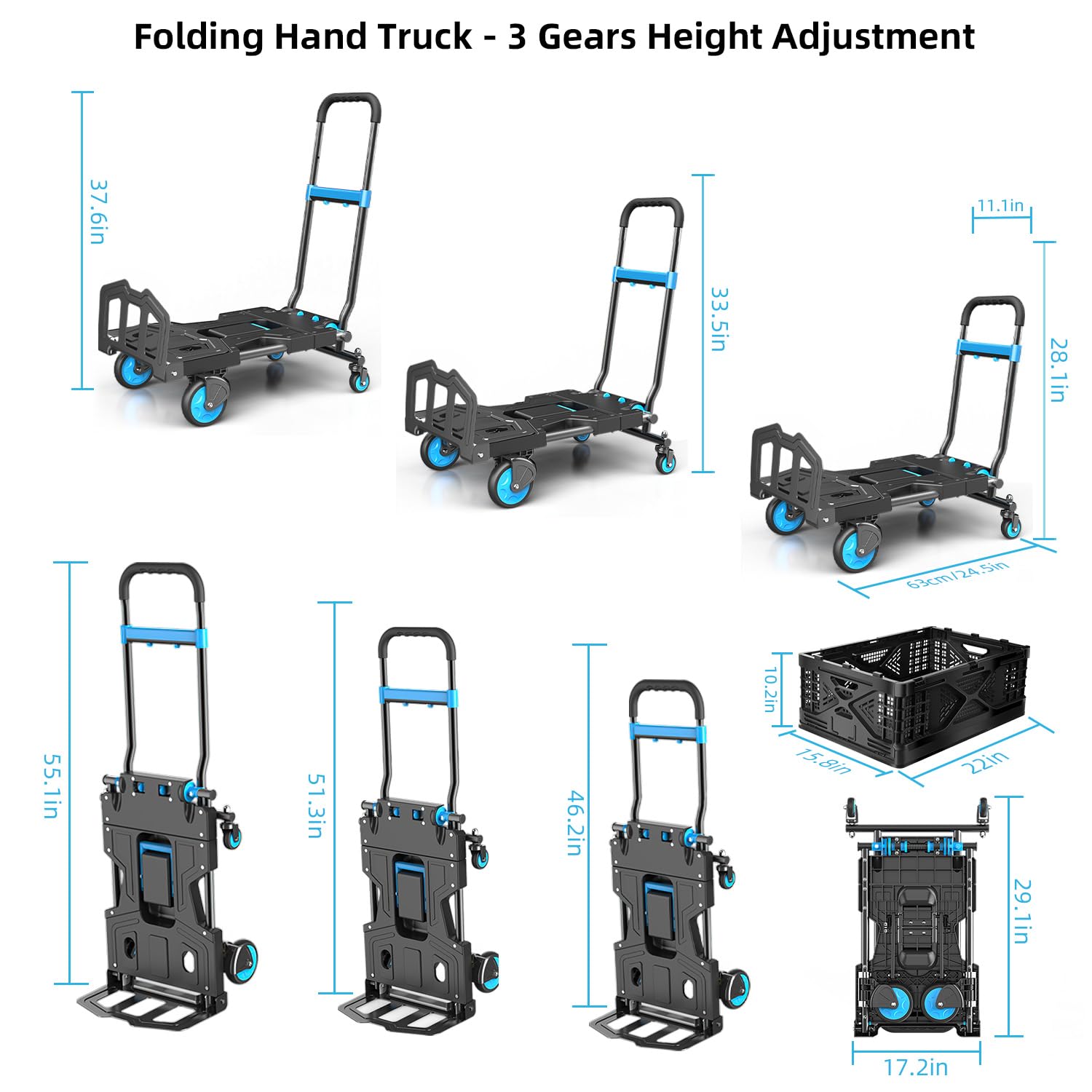 2 in 1 Folding Hand Truck Dolly with Folding Basket, 330LBS Capacity Foldable Dolly with 4 Wheels, Dolly Cart with 3-Gear Retractable Handle, Collapsible Rolling Carts for Moving