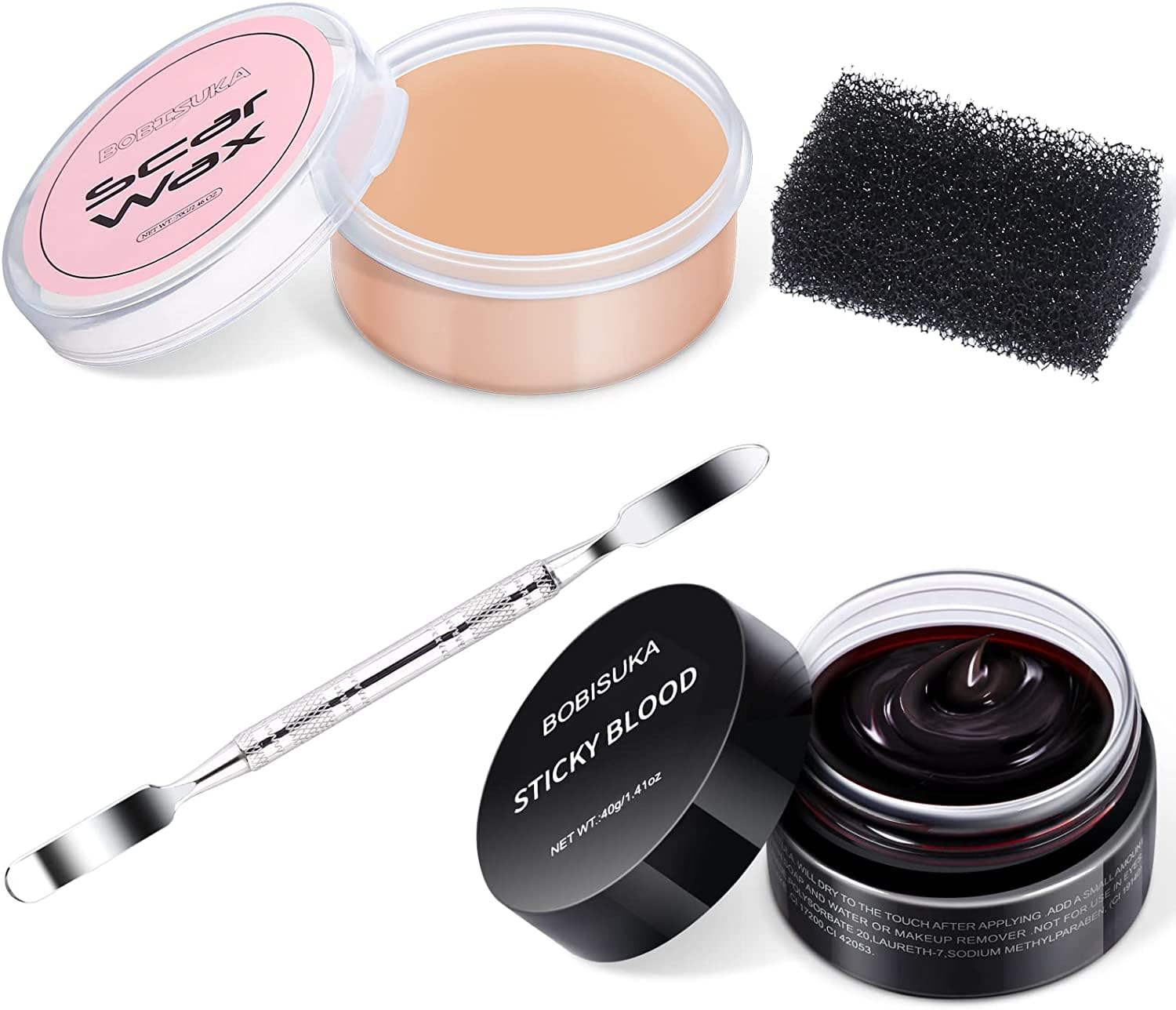 BOBISUKA 4 Piece Halloween SFX Special Effects Makeup Kit - Modeling Scar Wax + Coagulated Blood with Spatula Tool and Black Stipple Sponge All in One (VAMPIRE SET)