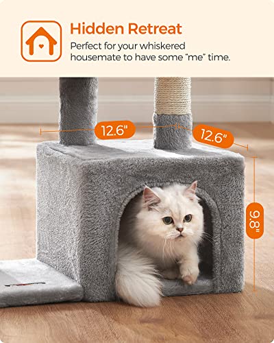 Feandrea Cat Tree, Small Cat Tower with Padded Perch, Cat Cave, 3 Pompoms, Cat Activity Center, Light Gray UPCT121W01