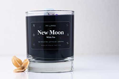 My Lumina New Moon Aromatherapy Candle w/Moonstone Crystal Inside -Natural Stone Healing Energy, Stress Relief, Relaxing & Balance- Soy Wax Scented Candle Home - Gift for New Beginnings - Night Black