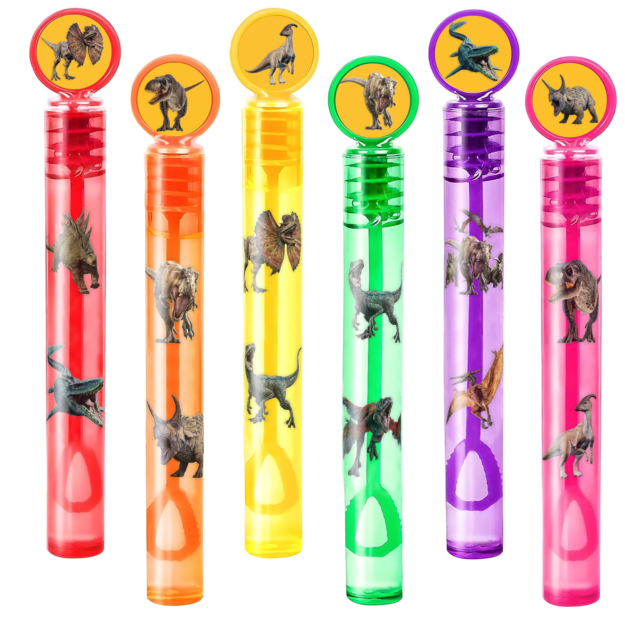 24PCS Dinosaur 3D DIY Bubble Wands Party Favors 96PCS Stickers for Goodie Bag Fillers Pinata Stuffers, Mini Bubble Bulk Birthday Party Supplies Toys Gifts Class Prizes for Toddlers Boys Girls
