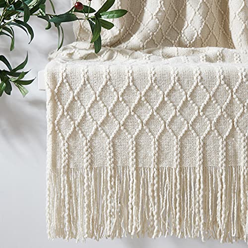 MOLLY ROCKY 100% Acrylic Knitted Throw Blanket Textured Solid Soft Decorative Throw for Sofa,Couch,Bed,50x60 Inch,Beige