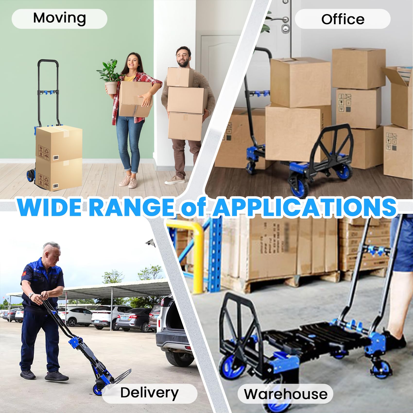 2 in 1 Hand Truck Dolly Foldable, 330LBS Foldable Handtruck Dolly, Portable Foldable Dolly with Wheels, Retractable Handle & 4 Rubber Wheels, Hand Cart Foldable for Travel/Luggage/Office/Moving