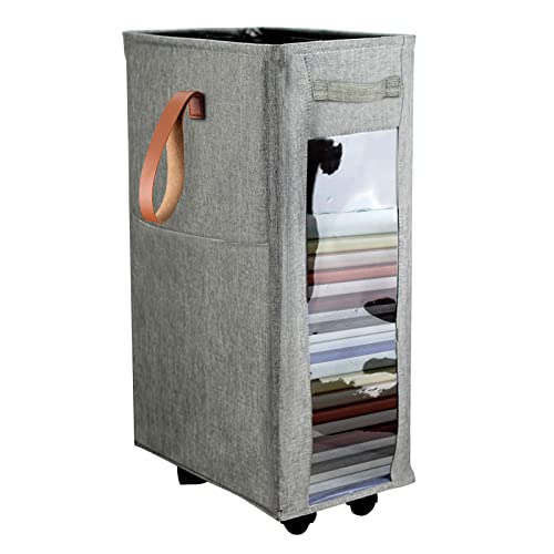 27" Slim Laundry Hamper, 65L Large Foldable Rolling Laundry Basket Carts with Handle and Wheels Waterproof & Breathable Mesh Liner for Dirty Clothes Storage (Grey)