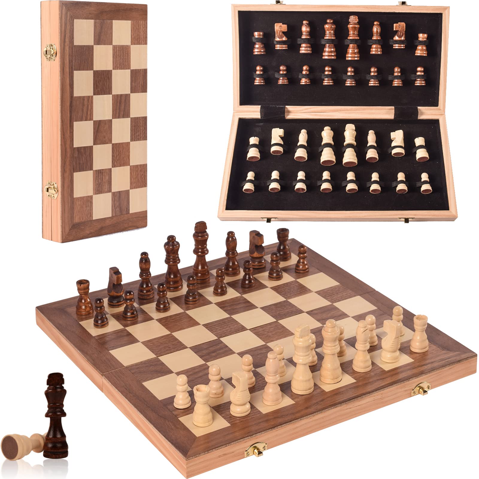 15" Portable Folding Chess Sets for Adults & Kids Wooden Chess Game Board Sets