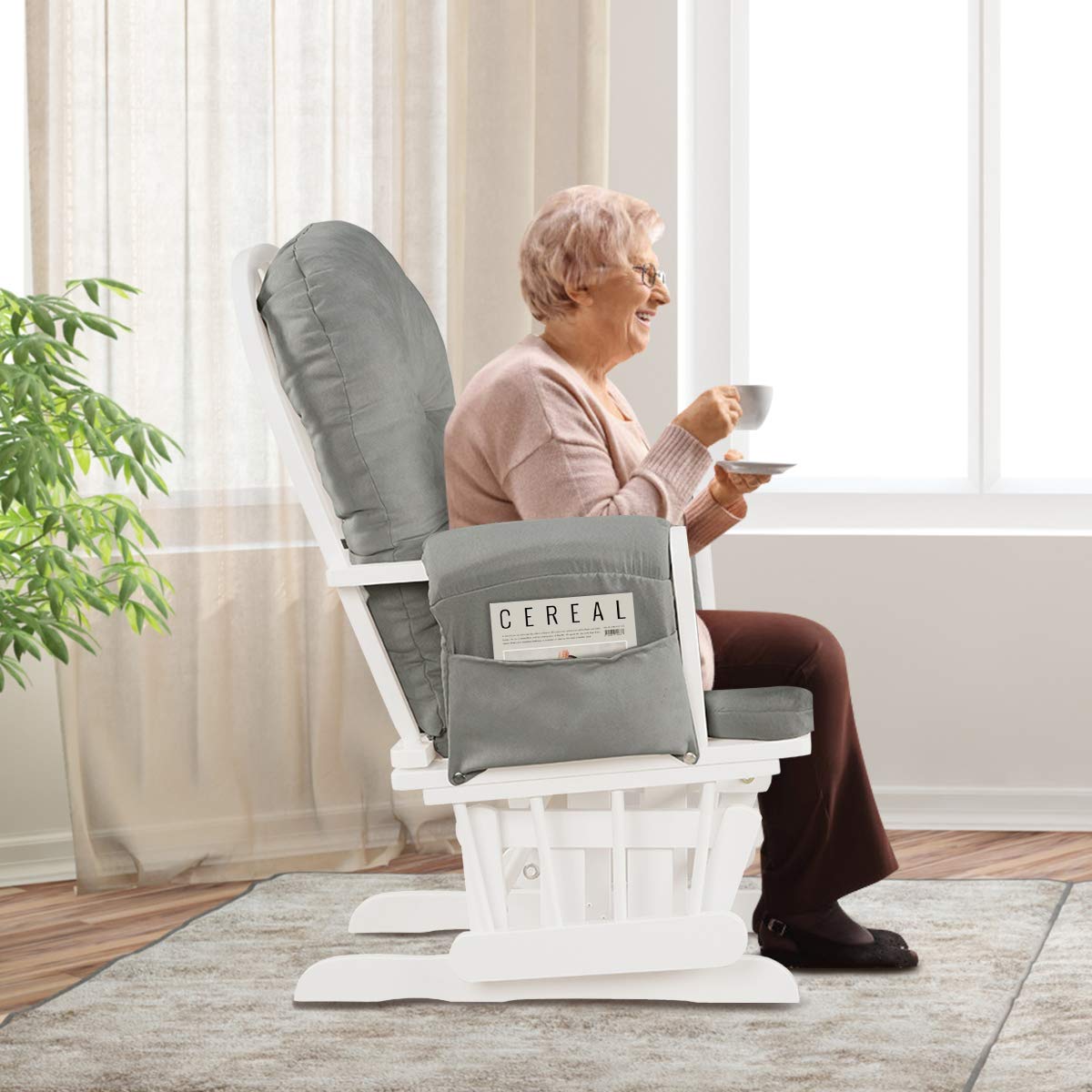 Costzon Nursery Glider with Ottoman, Upholstered Comfort Glider Rocker with Padded Cushion, Storage Pocket, Solid Wood Base, Rocking Chair Nursery for Breastfeeding, Maternity, Napping (Light Gray)