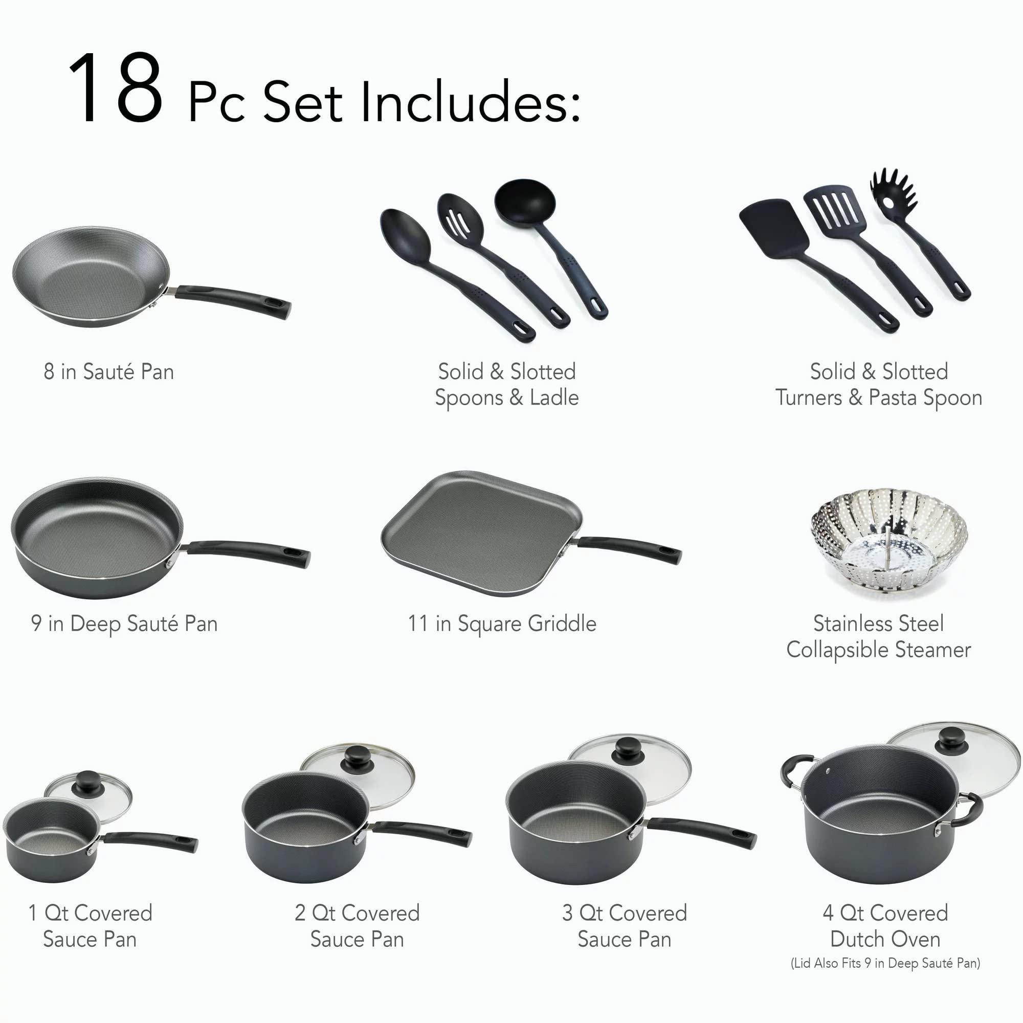 18 Piece Cookware Pots and Pans Set, PFAS-Free, Dishwasher Safe, Steel Gray