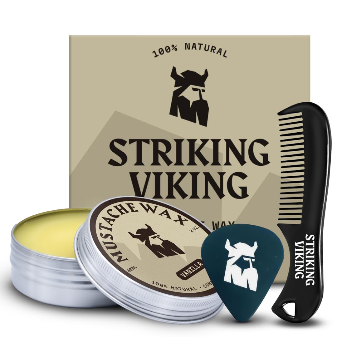 Striking Viking Mustache Wax & Comb Kit - Beard Care for Men with Strong Hold Beeswax- Helps Tame, Style & Groom - Vanilla Scent, 2 Ounce Size - Mens Mustache Grooming Wax