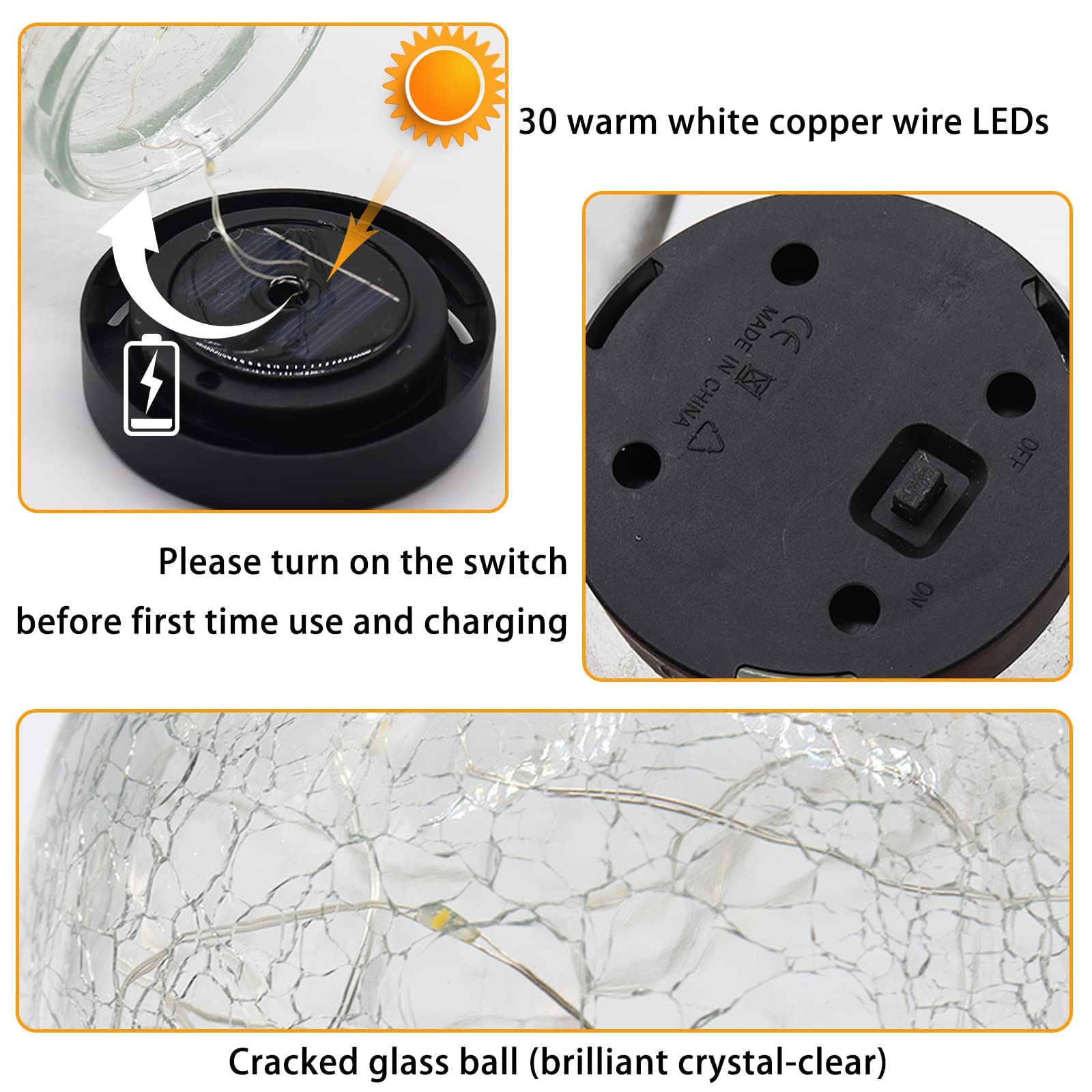 aboxoo Globe Solar Lights Outdoor Decoration 1 Packs Crackle Glass Ball Warm Light with LED for Garden Yard Decor Pathway Patio Lawn(4.7 inch)