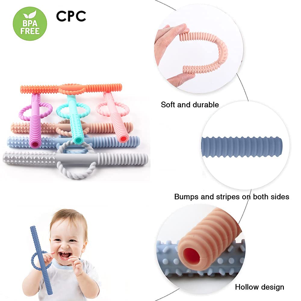 3 Pieces Teething Tubes Hollow Teether Toys with Safety Shield for Sensory Exploration and Teething Relief - Safe Chewing Tubes for Babies, Infants & Toddlers - Designed 3 Pcs-Blue&Khaki&Green