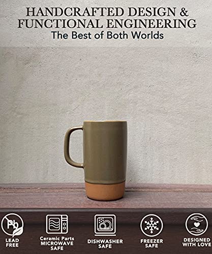 Mora Ceramics Large Tea Mug with Loose Leaf Infuser and Ceramic Lid, 18 oz, Portable, Microwave and Dishwasher Safe, Tall Coffee Cup - Rustic Matte Ceramic Glaze, Modern Herbal Tea Strainer, Olive