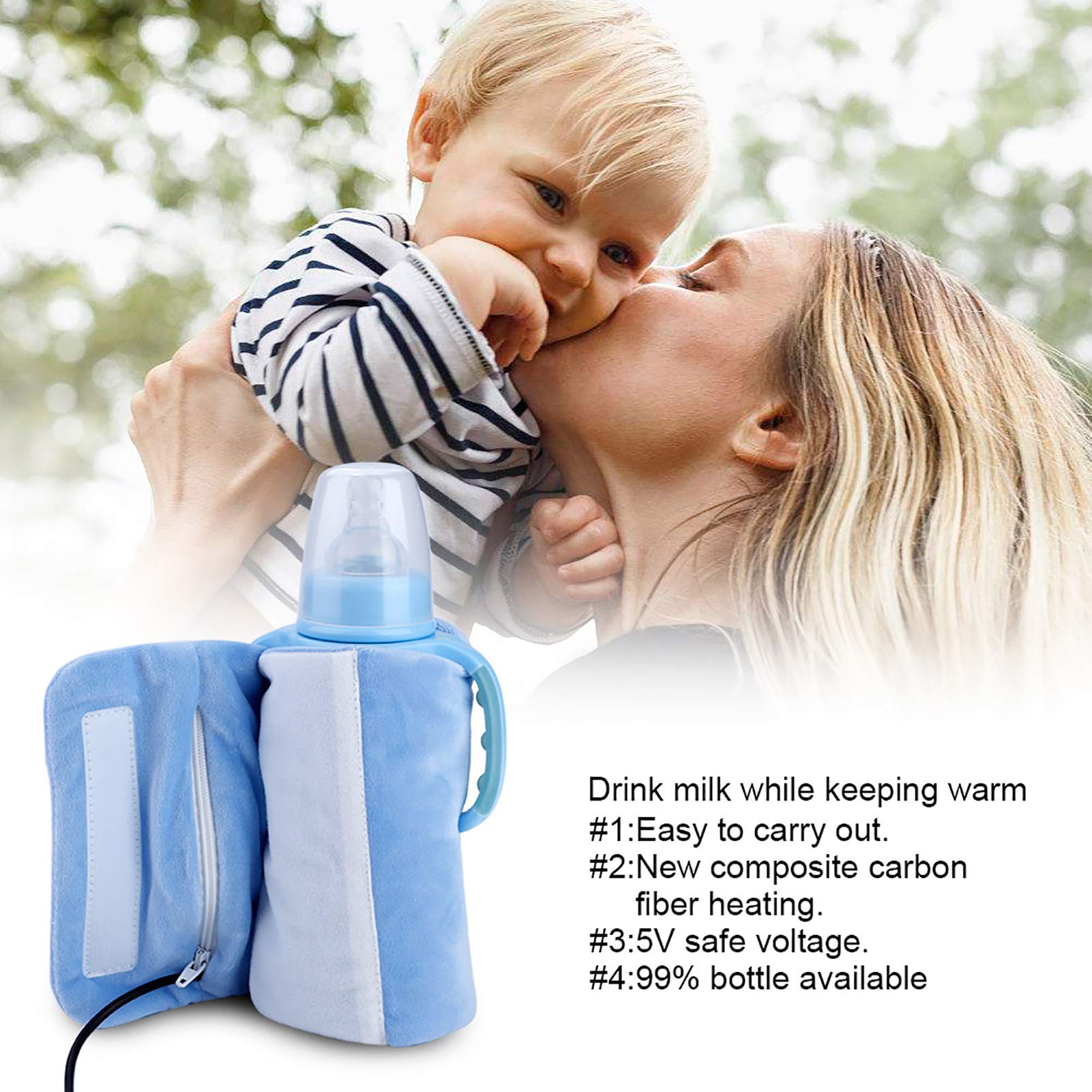 Bottle Warmer, Crystal Velvet USB Portable Travel Mug Milk Warmer Insulated Storage Bag, Sandwich Structure Insulated Safety Design (Blue)