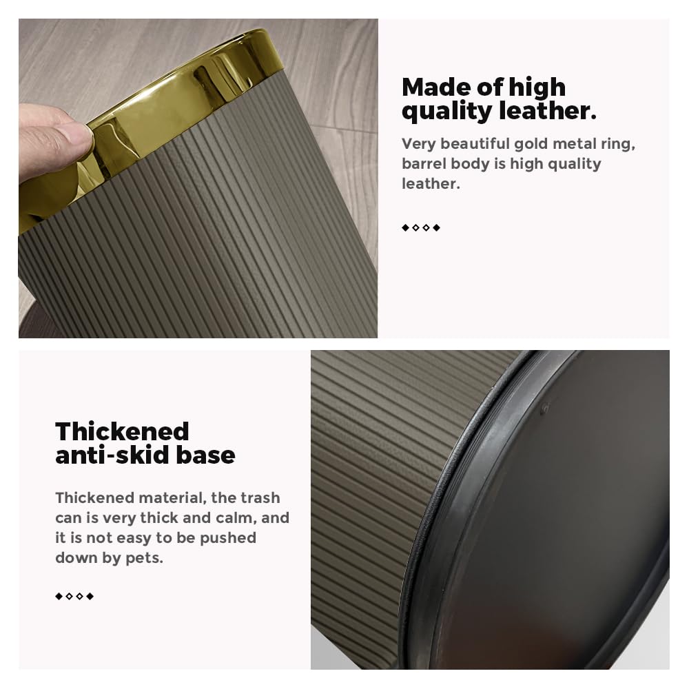 10L/2.6GAL Bathroom trash can without lid,Metal Waste Bin with Leather Cover,Open Top Office Wastebasket, Round Garbage Can for Bathrooms, Powder Rooms, Kitchens, Home, Office and and High-End Hotel