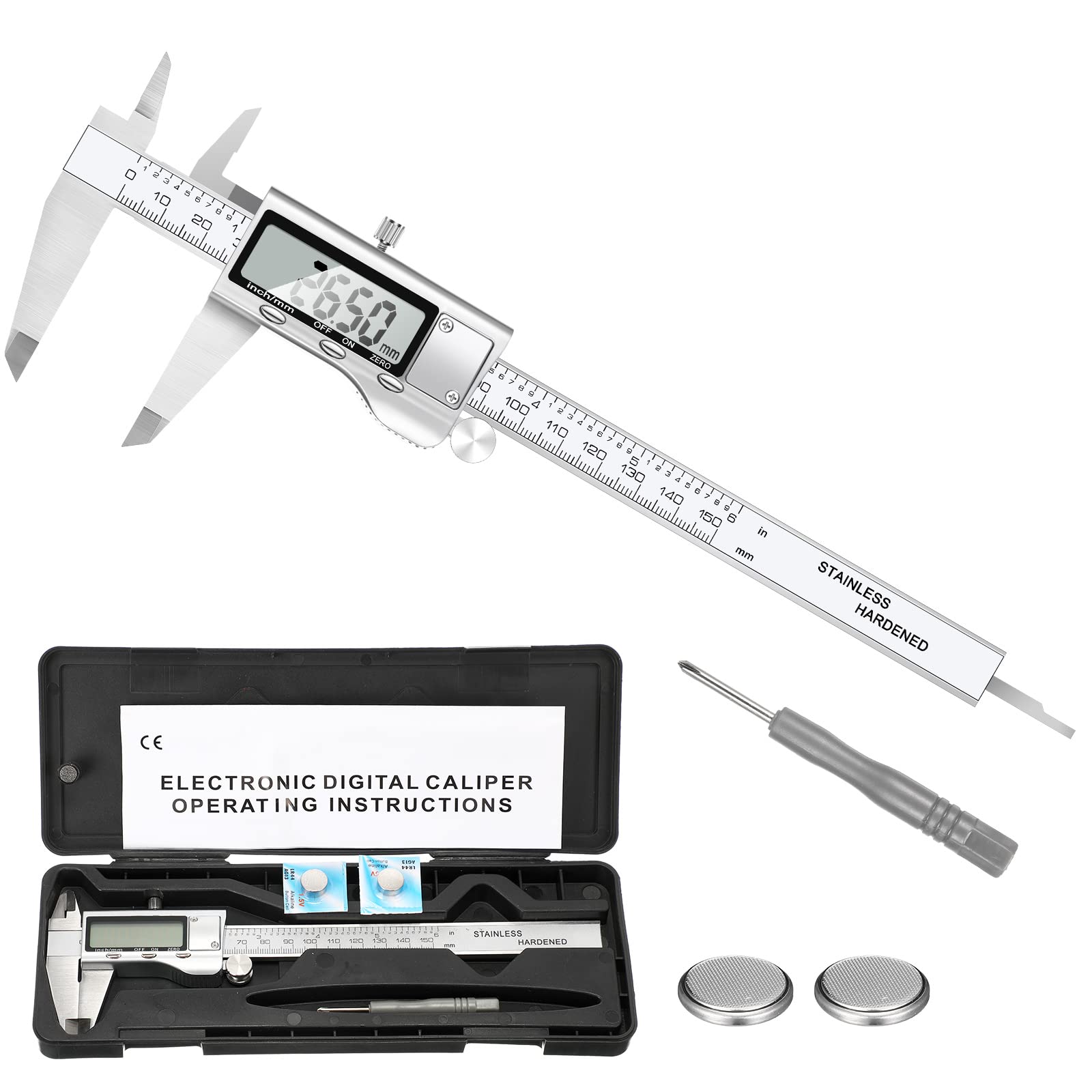 Simhevn Digital Caliper Measuring Tool, Stainless Steel Vernier Caliper Digital Micrometer with Large LCD Screen, Easy Switch from Inch Metric Fraction, 6 Inch/150mm Caliper Tool for DIY/Household