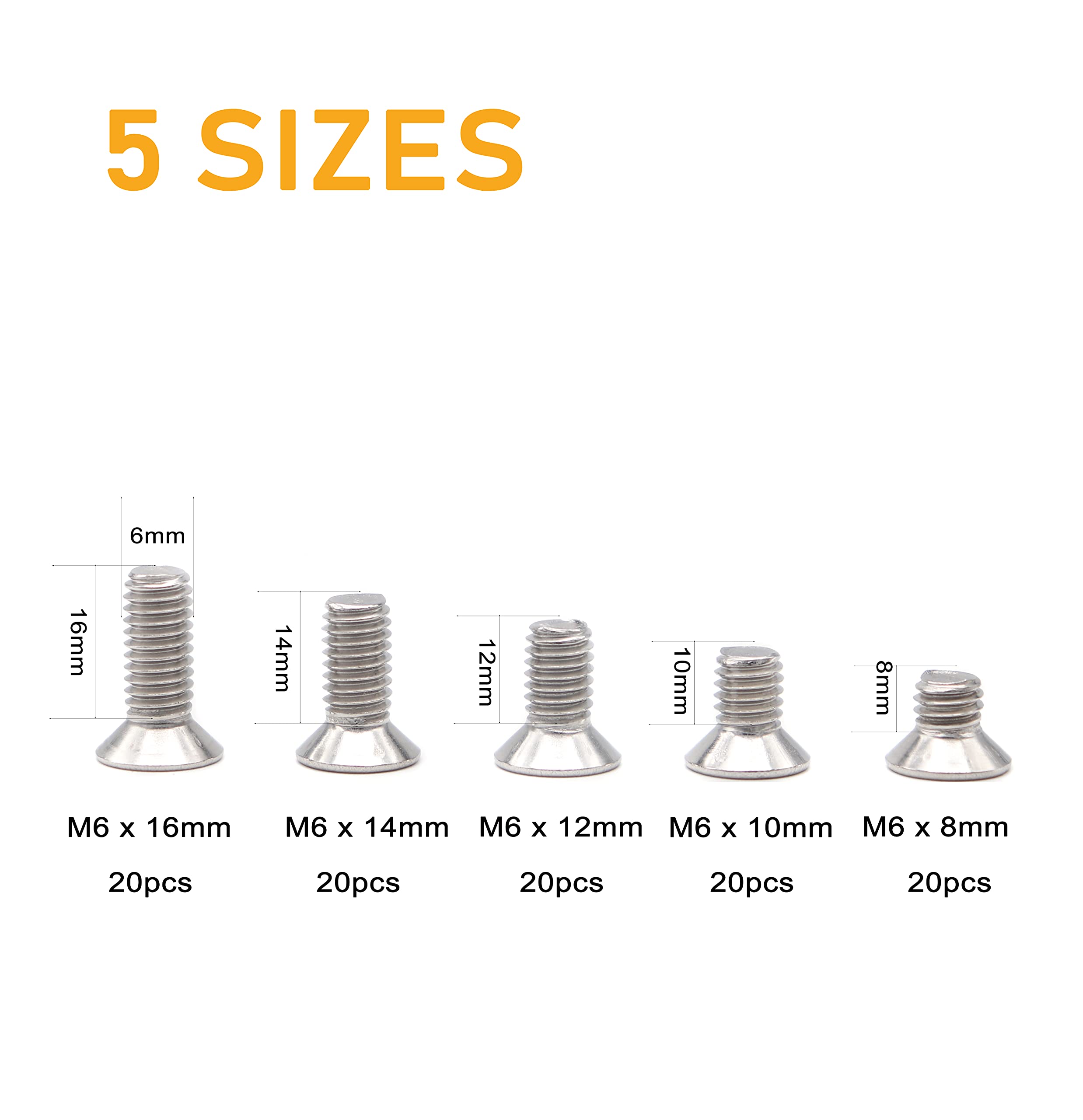 binifiMux 100pcs Flat Phillips Head M6 x 8mm/ 10mm/ 12mm/ 14mm/ 16mm 304 Stainless Steel Screws Kit