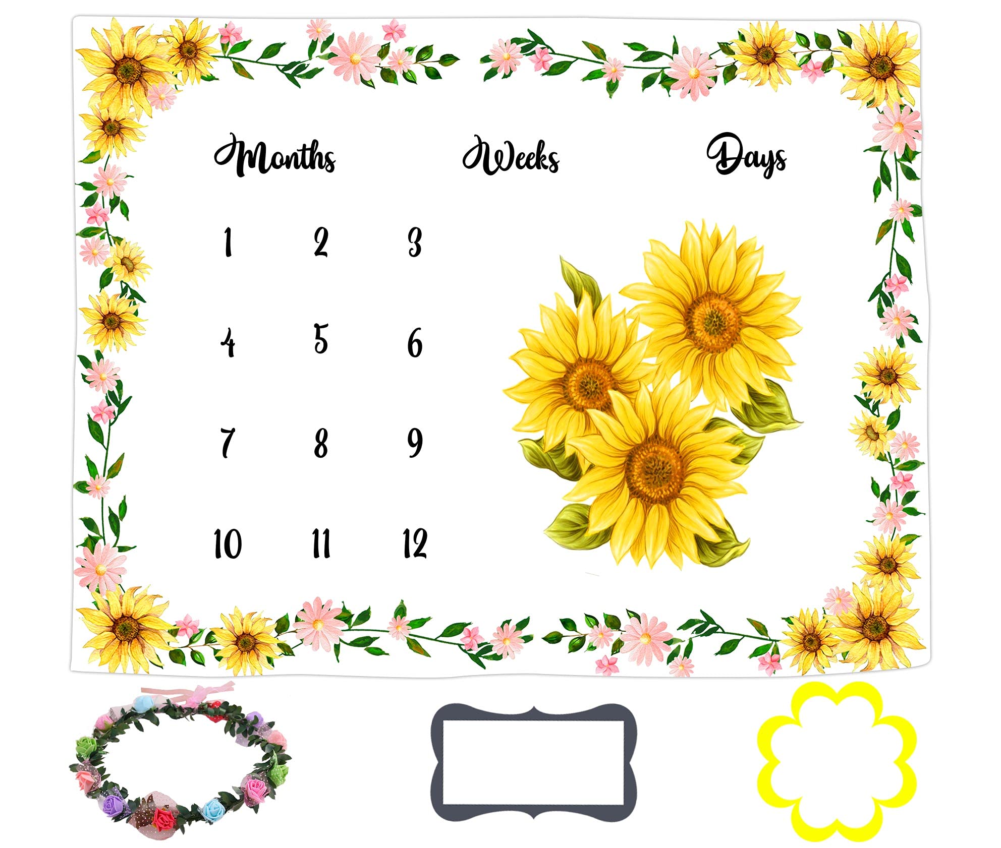 LYLYCTY Baby Monthly Milestone Blanket, Sunflower Months Blanket for Neutral Newborn Baby Shower, Includes Wreath and Frame 60"x40" BTLSLY10
