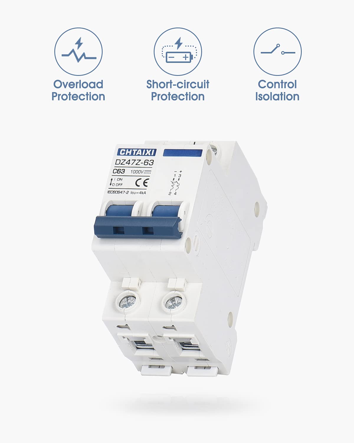 CHTAIXI DC Miniature Circuit Breaker, 2 Pole 1000V 63 Amp Isolator for Solar PV System, Thermal Magnetic Trip, DIN Rail Mount, Chtaixi DC Disconnect Switch C63