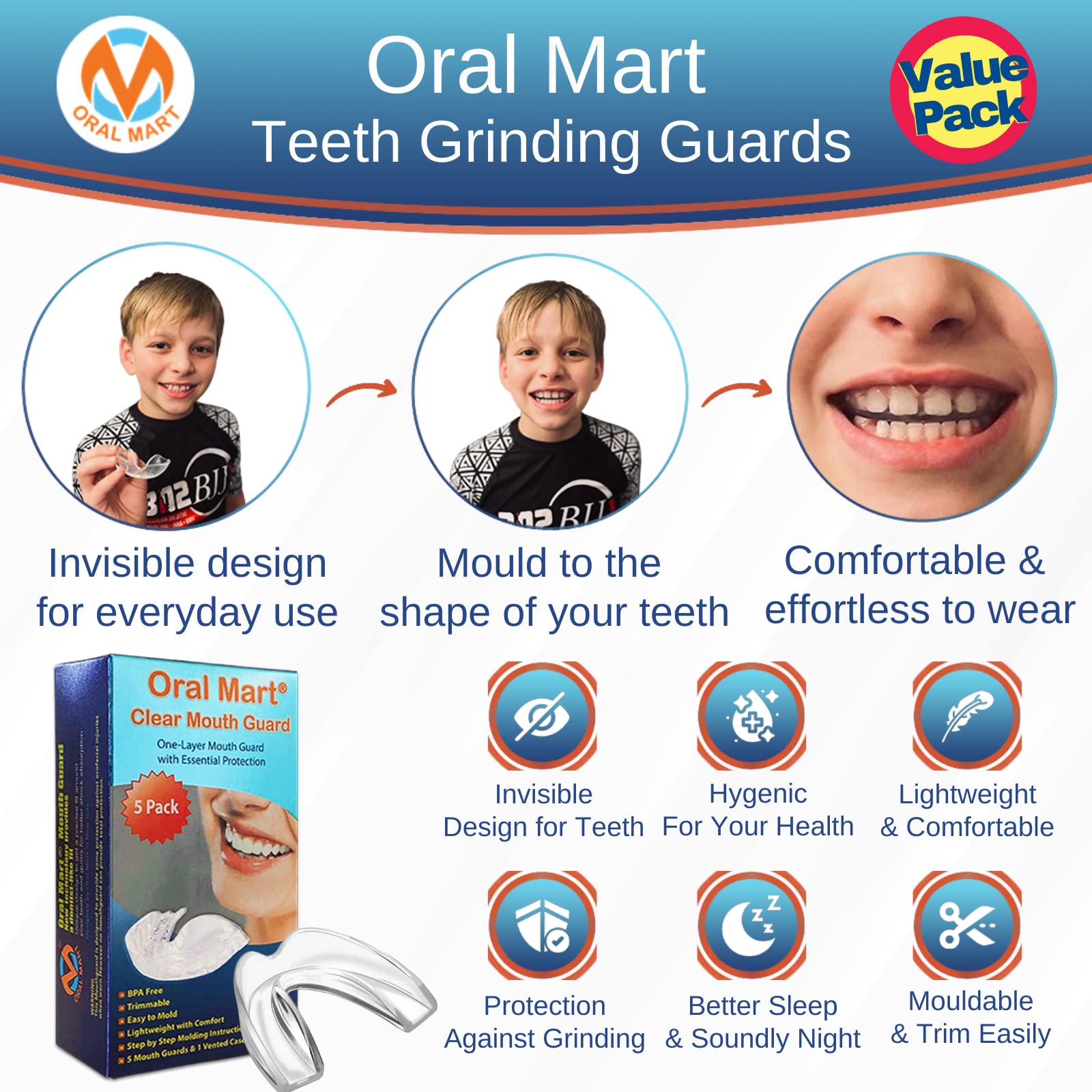 Mouth Guard for Grinding Teeth at Night for Kids - Pack of 5 Clear Kids Mouth Guards for Grinding Teeth - Anti Grinding Teeth Protector for Sleep - Night Guard for Clenching Teeth (5 Pack, Youth Size)