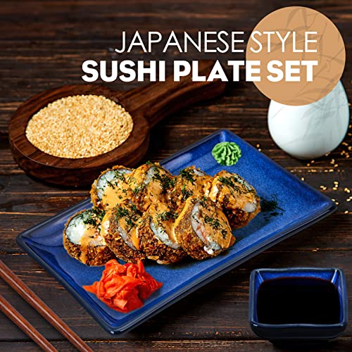 uniidea Ceramic Sushi Serving Tray Sets 2, 6 Pieces Japanese Style Porcelain Sushi Plate Set with Soy Sauce Dishes, Bamboo Chopsticks Housewarming Gift, Blue