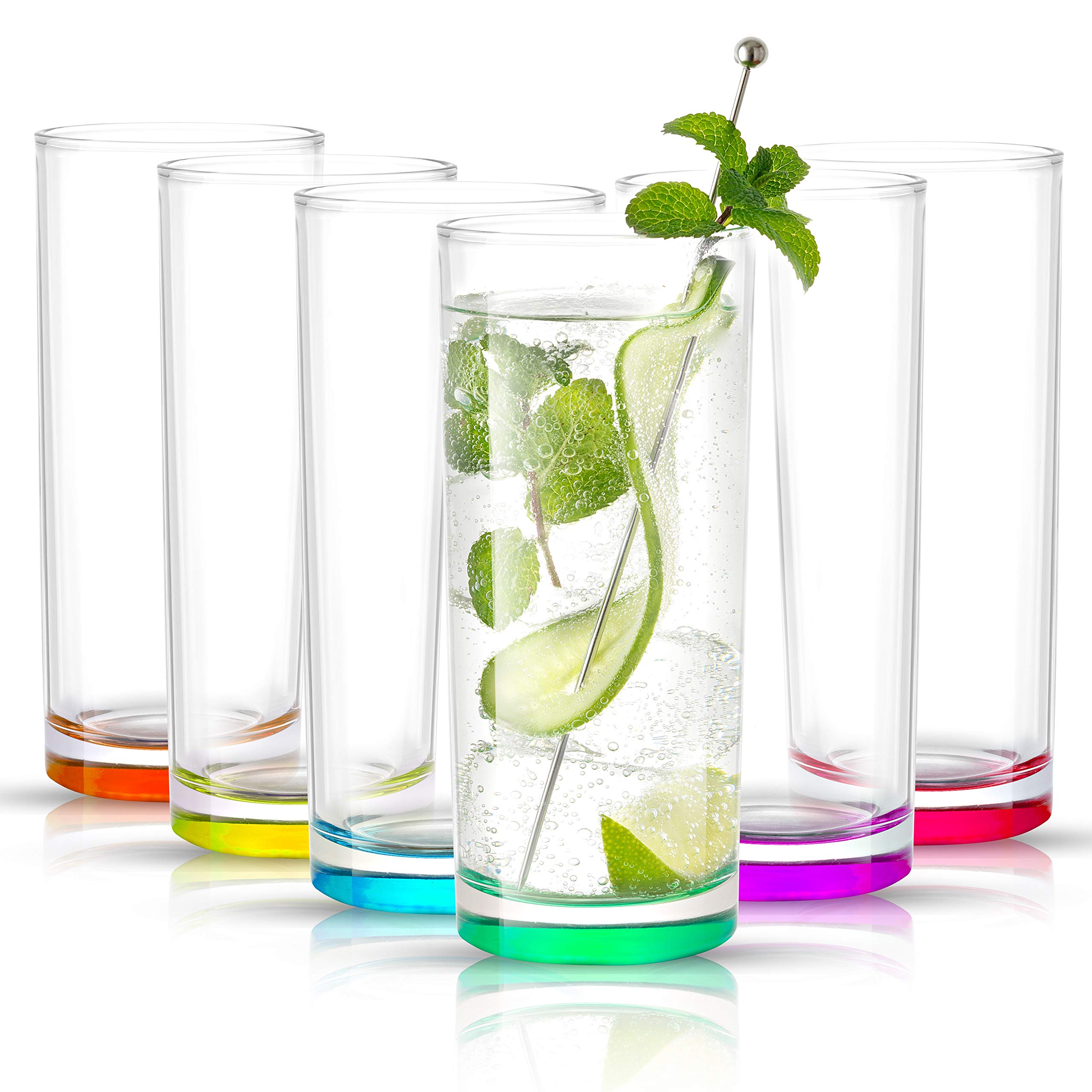 JoyJolt Highball Glasses – Set of 6 Colored Drinking Glasses – Glassware Set for Mixed Drinks, Cocktails, or Water – Elegant and Festive Design – Drink Glasses with In-Glass Coloring – 12oz