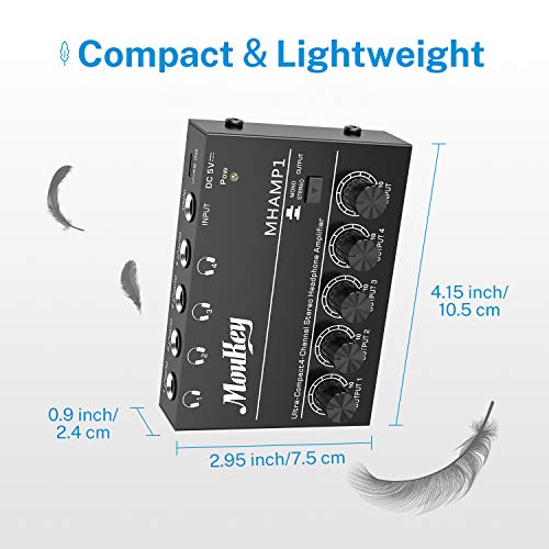 Moukey Headphone Amp Amplifier 4 Channels Metal Stereo Audio Amplifier,Mini Headphone amplifier portable - 4x Quarter Inch Balanced TRS Headphone Output and TRS Audio Input, DC5V Power Supply-MHAMP1