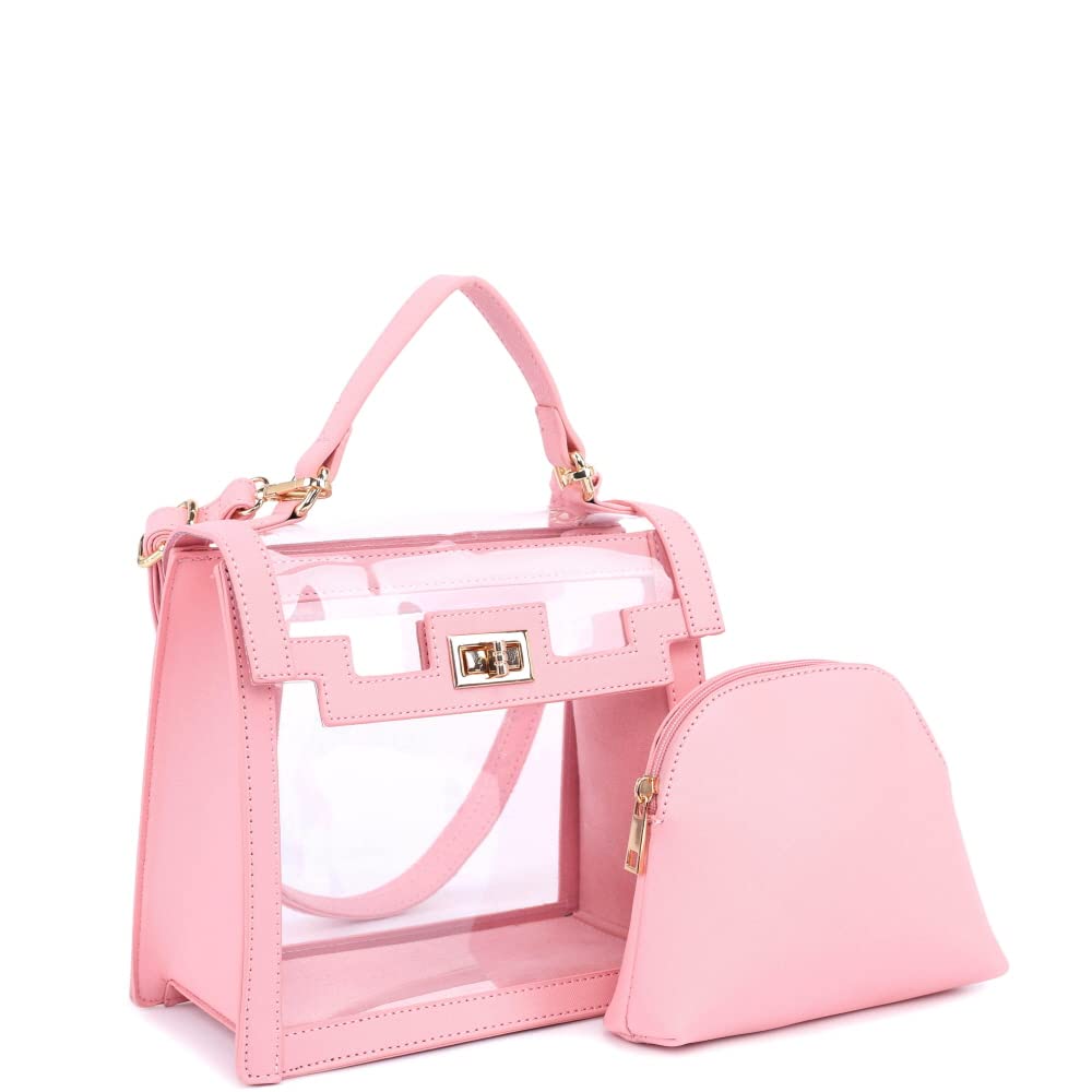 2 in 1 Transparent Clear Vegan Leather Top-Handle Satchel Tote Handbag Satchel Purse (Lilac)