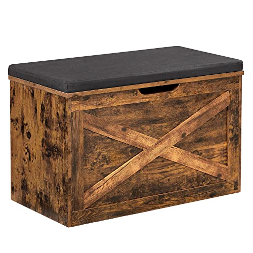 VASAGLE Padded Shoe Bench with Cushioned Seat, Storage Chest Cabinet, Barn-Door Style, 15.7 x 29.9 x 18.9 Inches, Rustic Brown
