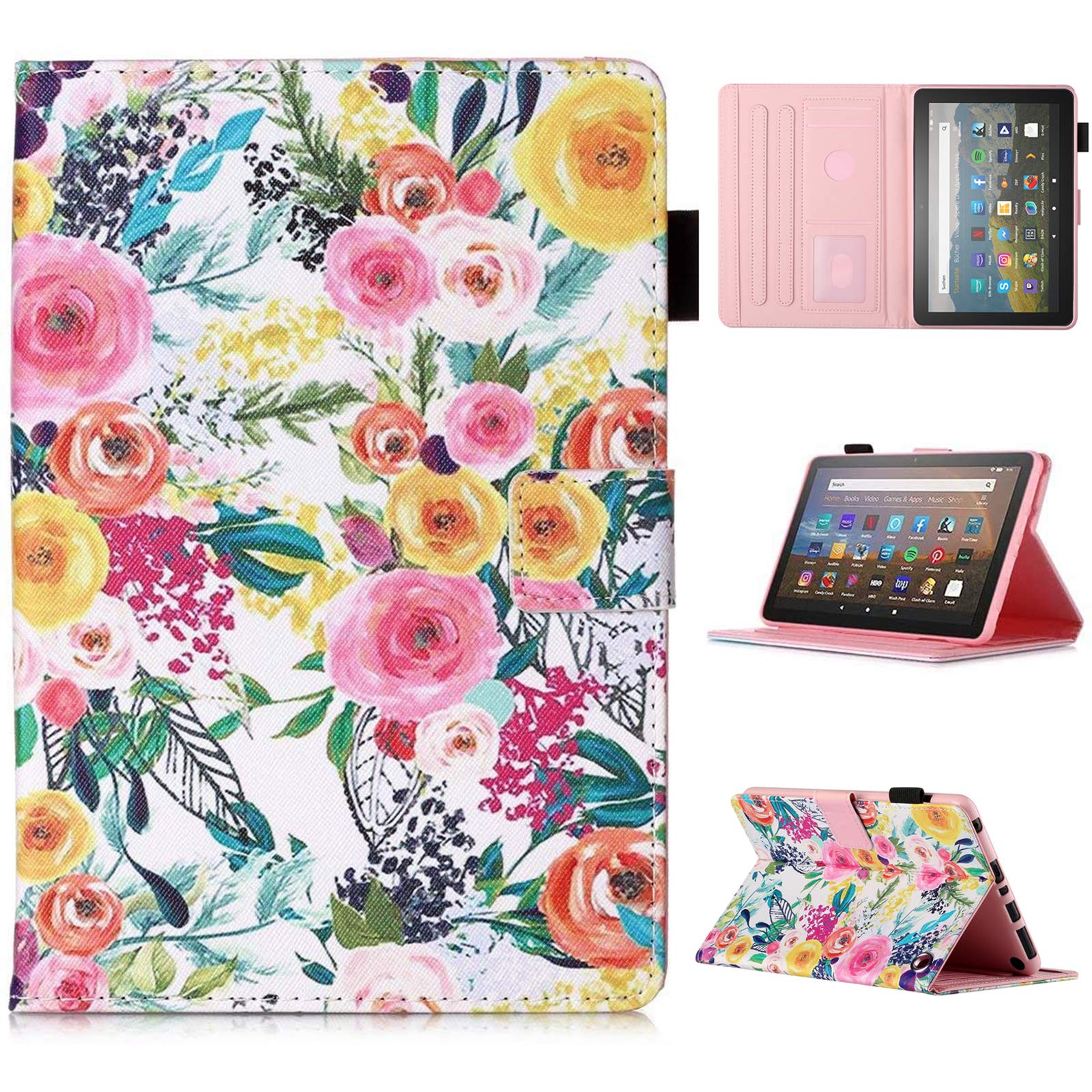 MonsDirect for Amazon Kindle Fire HD 8 & 8 Plus Case (12th/10th Generation 2024/2022/2020 Release), PU Leather Stand Cover, Auto Wake/Sleep with Pen Holder for Fire HD 8/8 Plus 2024/2022/2020, Rose