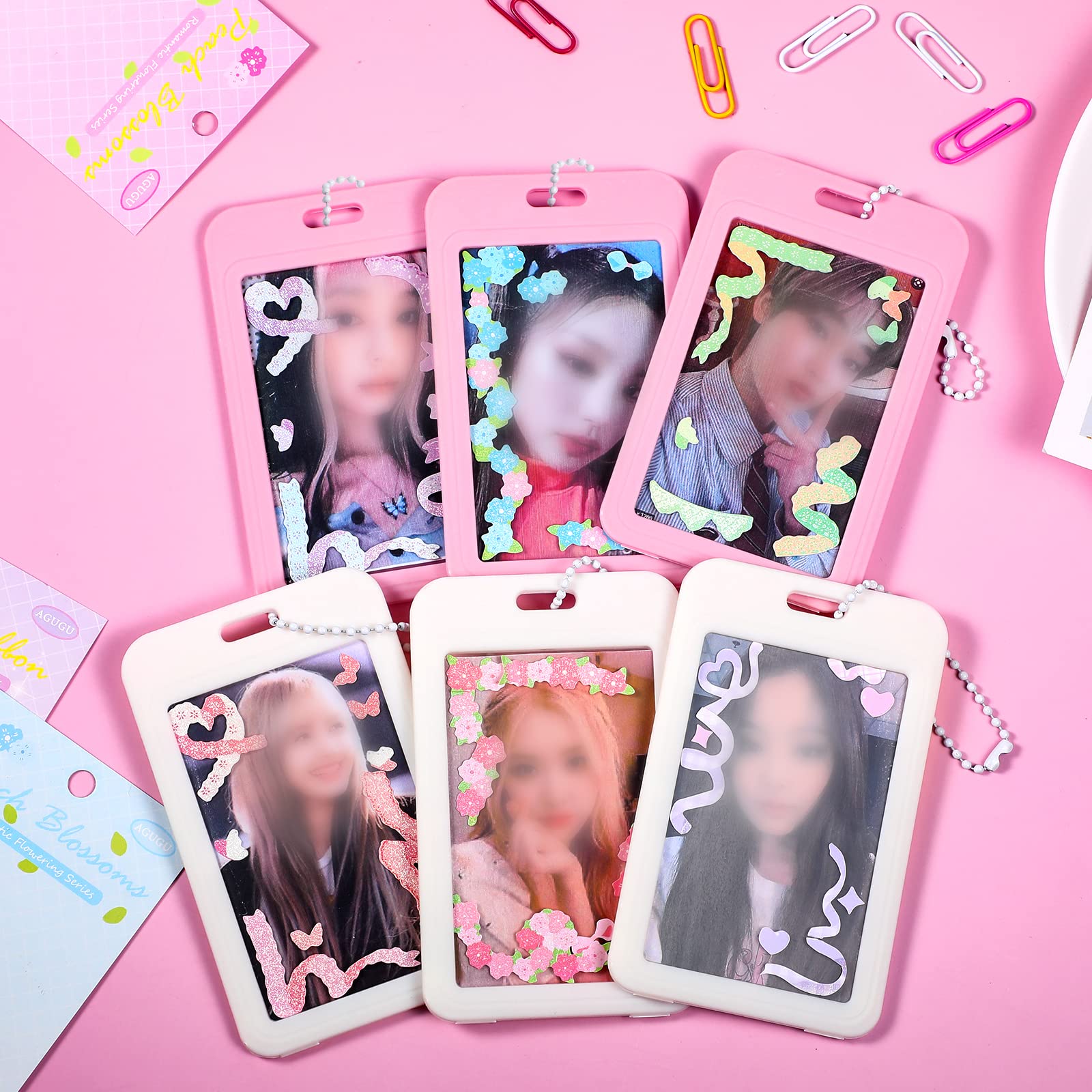 6 Pcs Kpop Photocard Holder 2.1 x 3.3 Inch Kpop Cardholder Plastic Cover Holder Korean Stickers Colorful Decorative Stickers for Photocards Confetti Stickers Korean Ribbon Sticker with Keychain