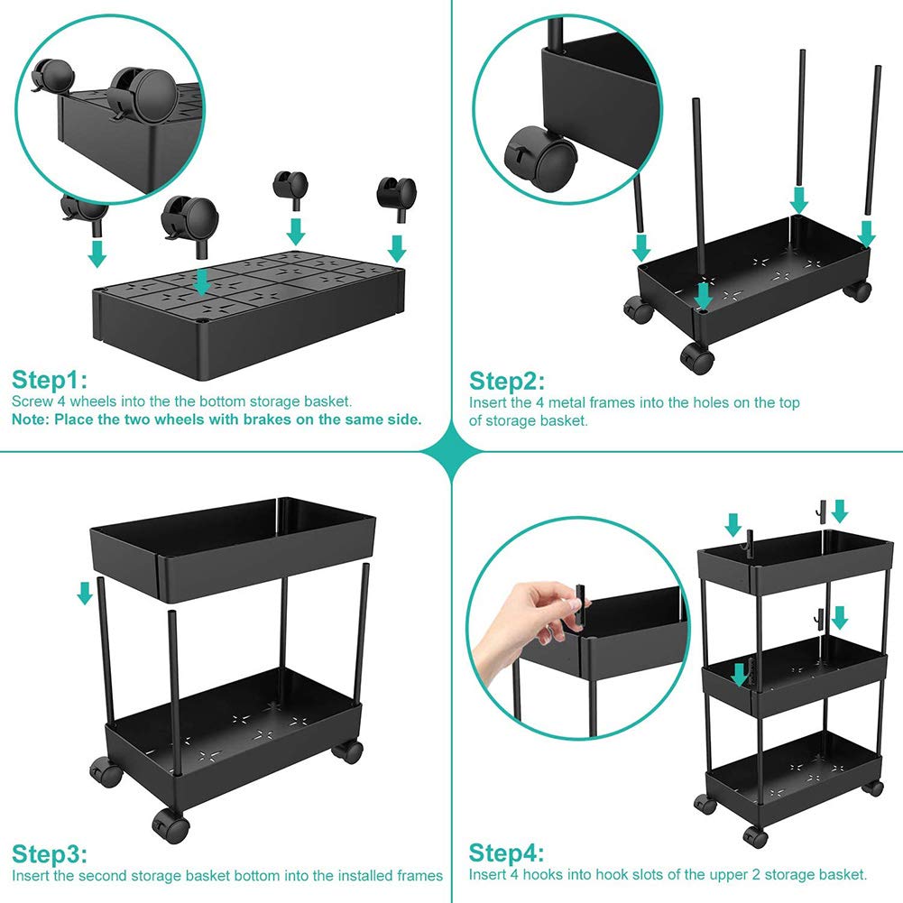 3 Tier Storage Shelves,Mobile Shelving Unit Organize,Bathroom Organizers with Casters Wheels for Bathroom Kitchen Laundry Narrow Places
