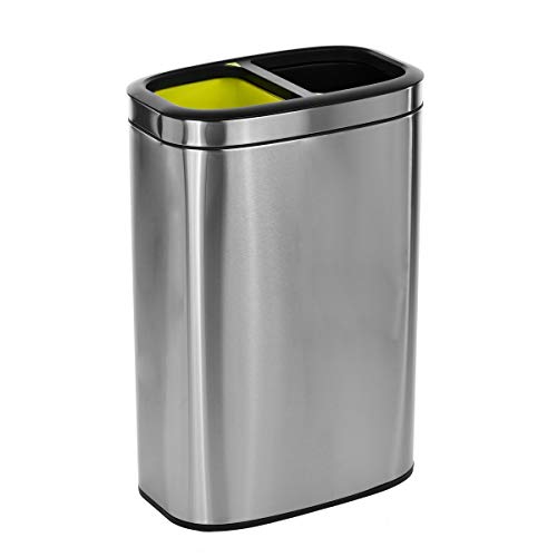 Alpine Industries 40 Liter / 10.5 Gal Stainless Steel Dual Compartment Trash Can - Compact Garbage Bin - Wide Open Top Slender Durable Receptacle with Sturdy Plastic Liner