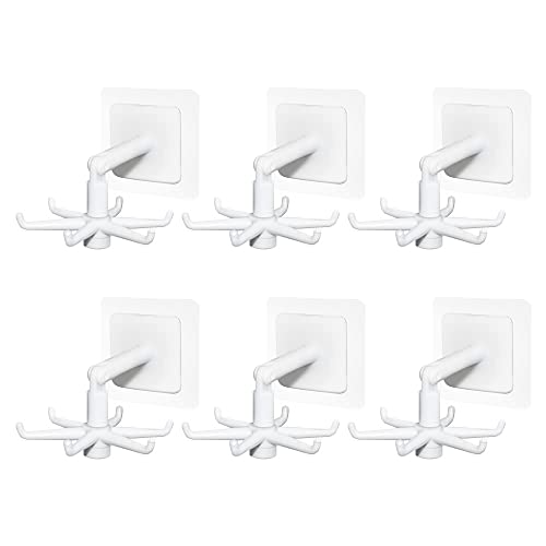 6 Pack Heavy Duty Under Cabinet Utensil Holder Hanger Hook, 360 Degrees Rotating Folding Hook Self Adhesive Hook Utensil Rack with 6 Hooks for Bathroom, Kitchen and Home (White)