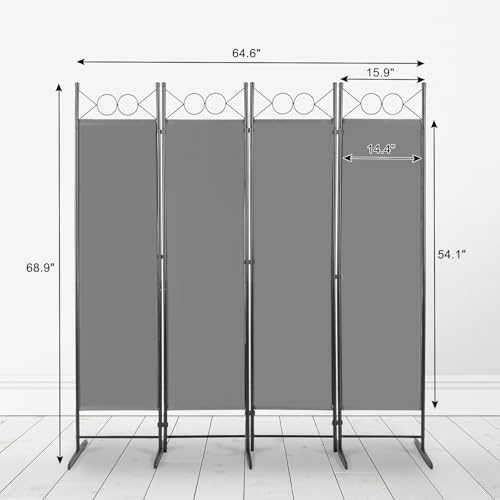 4 Folding Wall Divider, Partition Room Dividers with Decorative Top, 5.74 ft Foldable Privacy Screen Room Separator with Steel Frame, Polyester Fabric, Plastic Feet for Bedroom, Office Gray