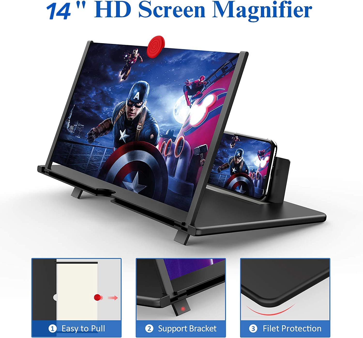 14" Screen Magnifier – 3D HD Cell Phone Magnifing Screen Enlarger Projector for Movies Videos and Gaming – Foldable Phone Stand Holder with Screen Amplifier Compatible with All Smartphones