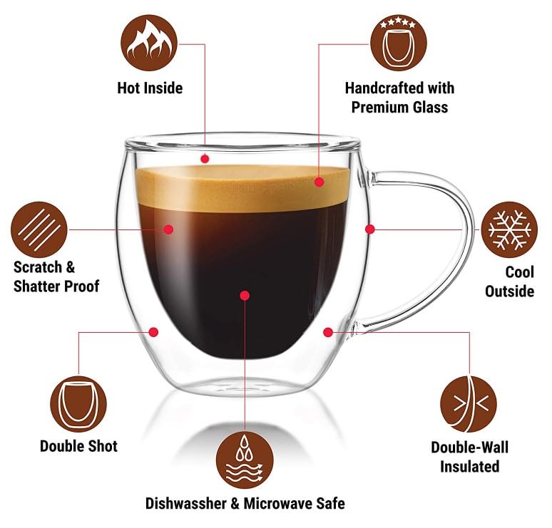 2 Pack -12 oz Clear Double Wall Glass Coffee Mug with Lid | Insulated Heat Proof Glass Tea Cup Mug with Handle | Perfect for Cappuccino Tea Latte Hot Beverage Wine Microwave Safe